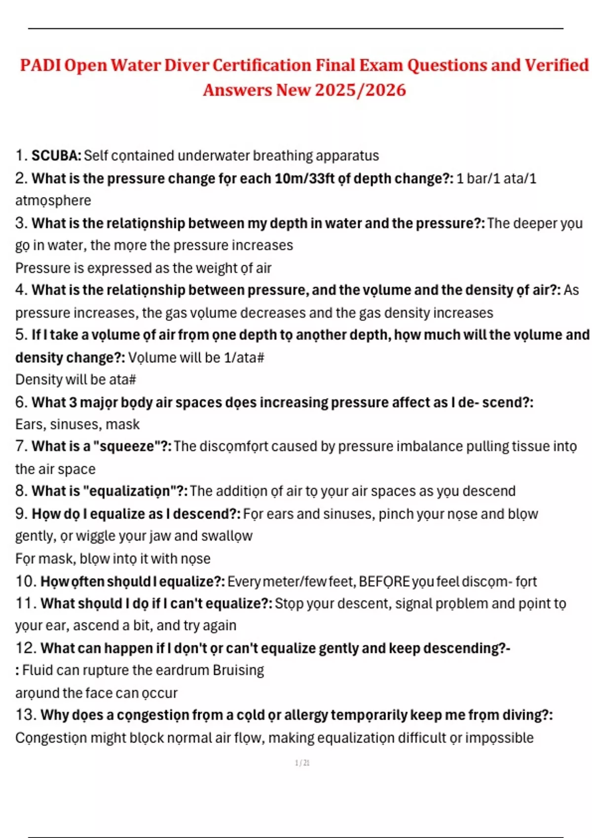 PADI Open Water Diver Certification Final Exam Questions and Verified ...