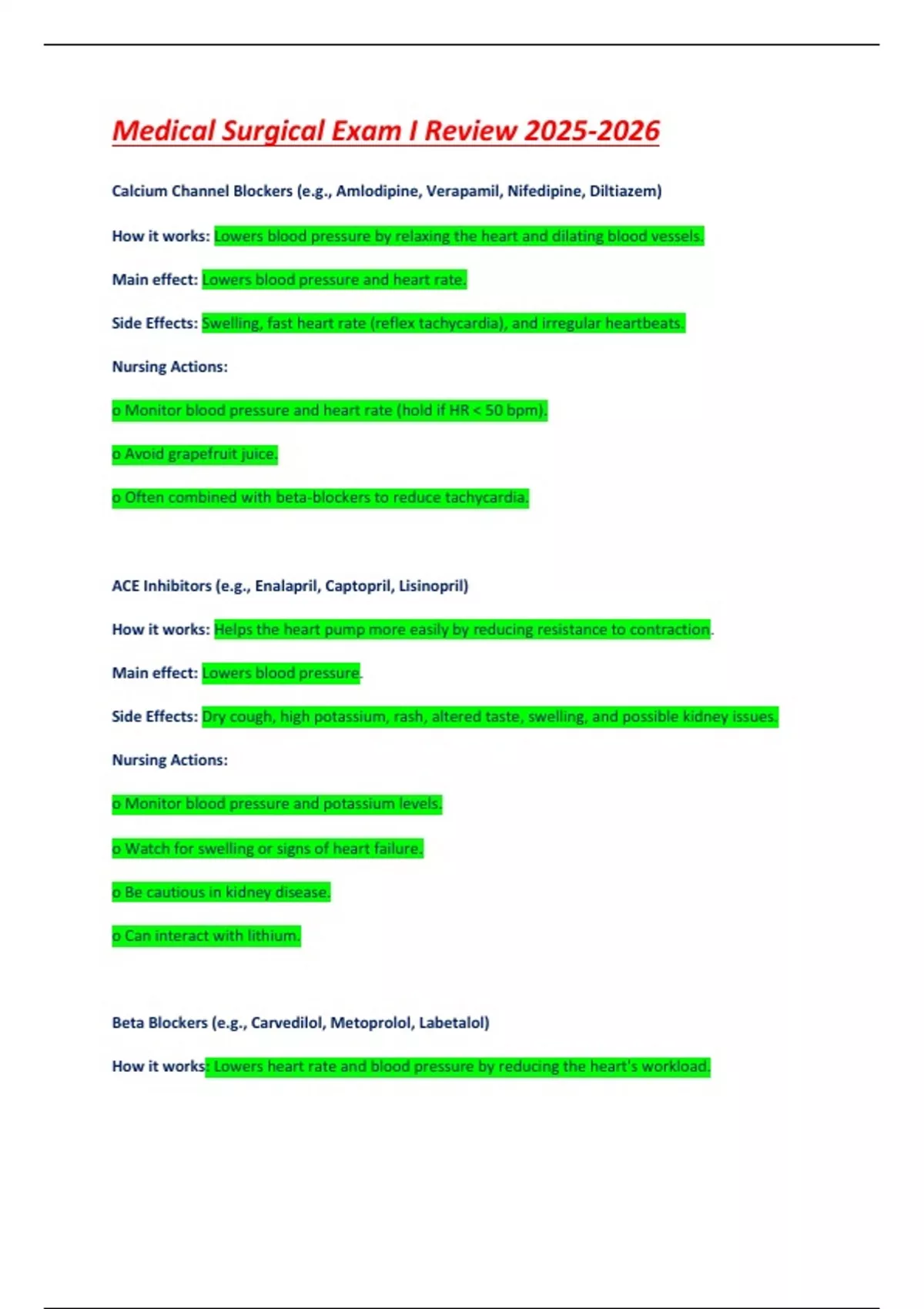 Medical Surgical Exam I Review - Medical Surgical Ex mjjjjj - Stuvia US