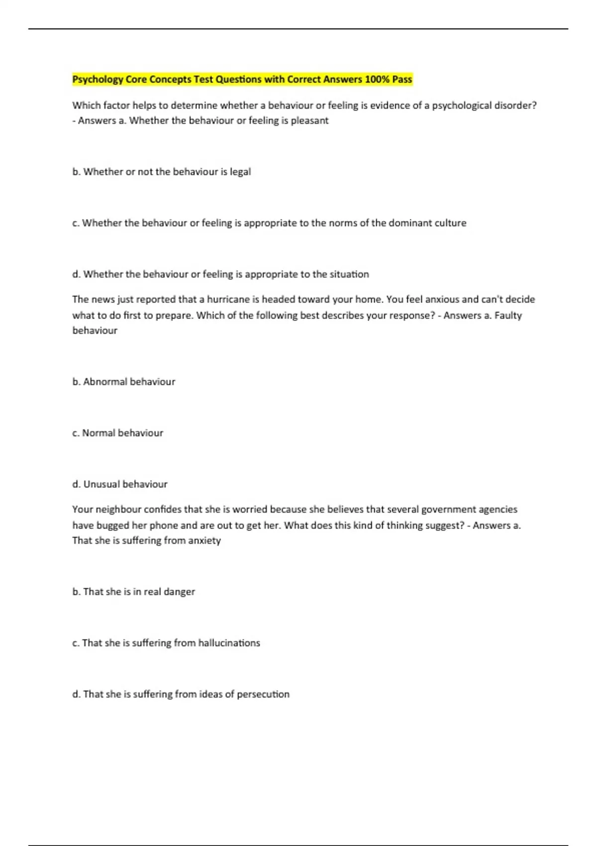 Psychology Core Concepts Test Questions with Correct Answers 100% Pass ...