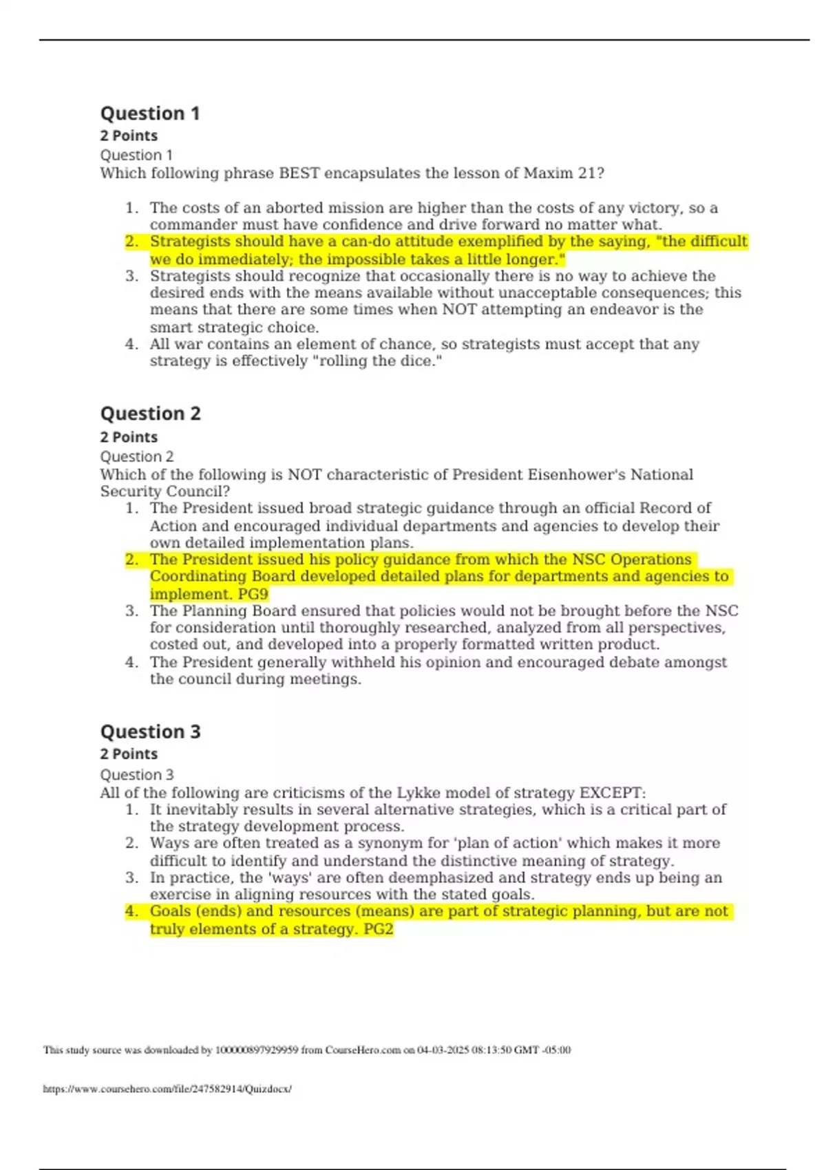 U.S. Army War College | STRATEGIC DPC 15-01 Quiz 1 to 4 completed 2025/ ...