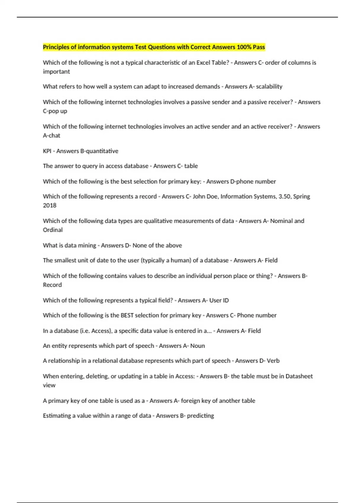 Principles of information systems Test Questions with Correct Answers ...