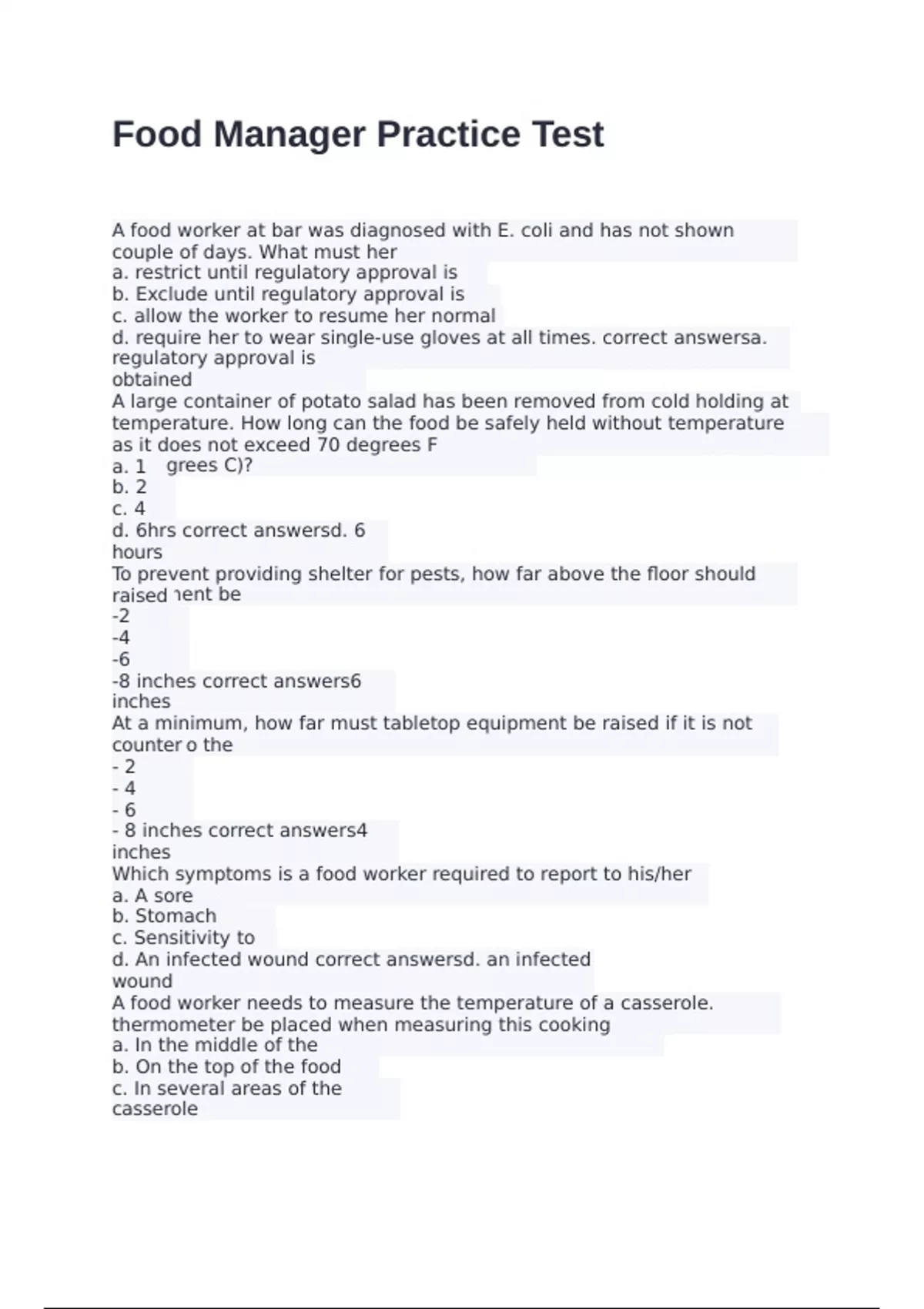 Food Manager Practice Test exam with 100% correct answers 2025 - Food ...