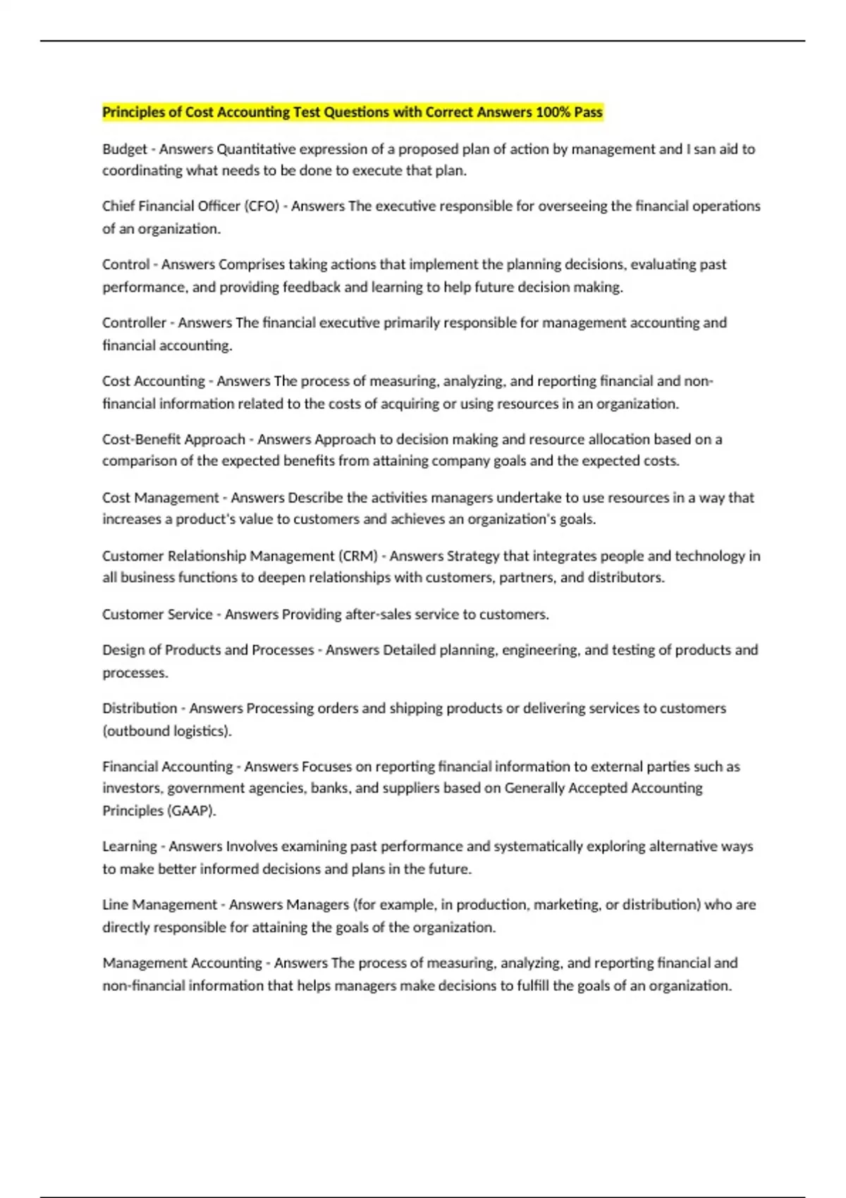 Principles Of Cost Accounting Test Questions With Correct Answers 100 Pass Principles Of Cost