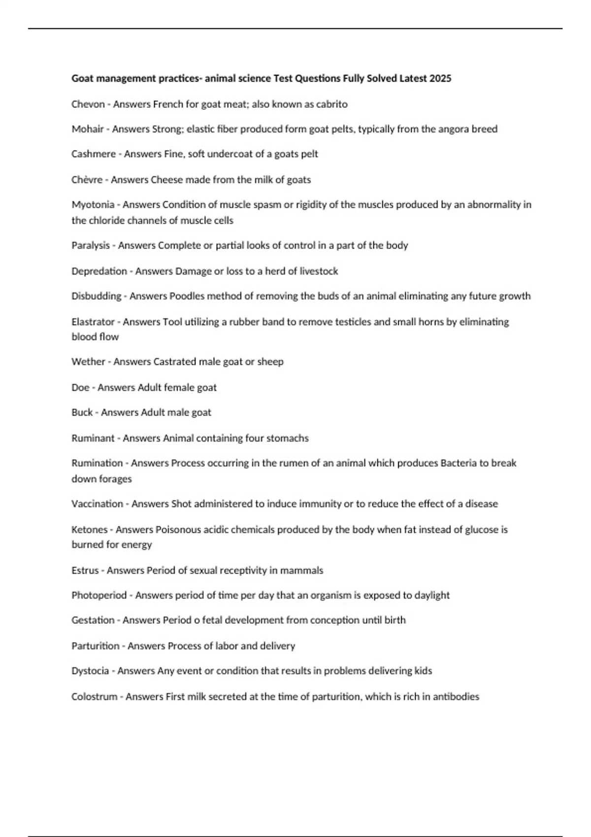 Goat management practices- animal science Test Questions Fully Solved ...