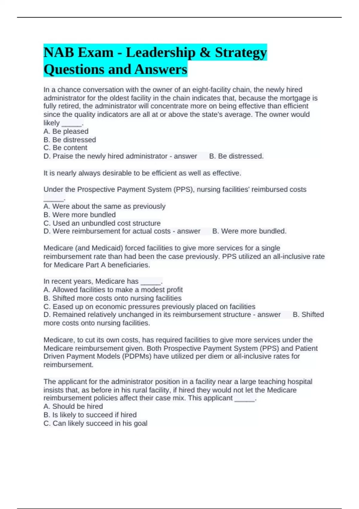 NAB Exam - Leadership & Strategy Questions and Answers - NAB - Stuvia US