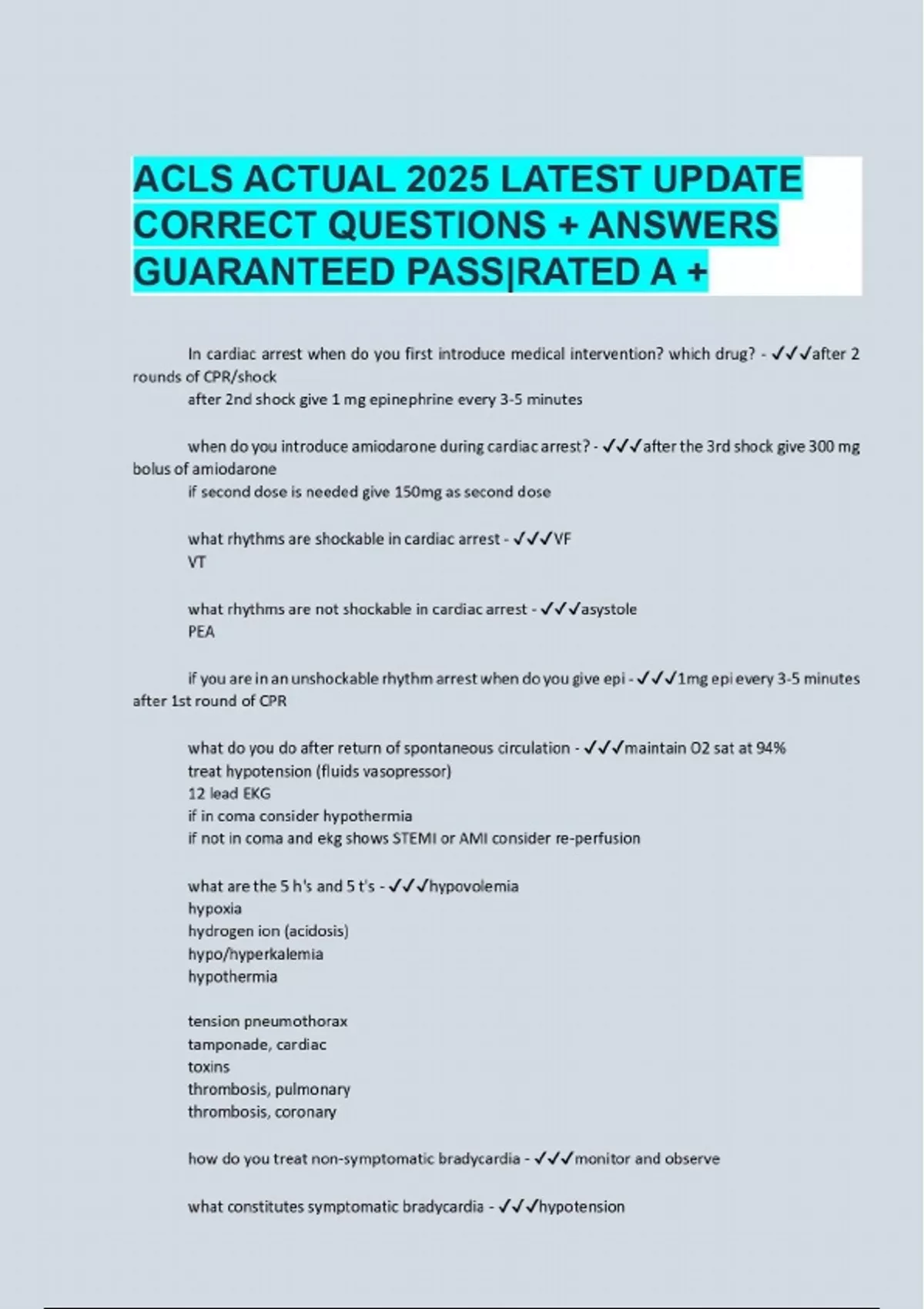 ACLS ACTUAL 2025 LATEST UPDATE CORRECT QUESTIONS + ANSWERS GUARANTEED ...