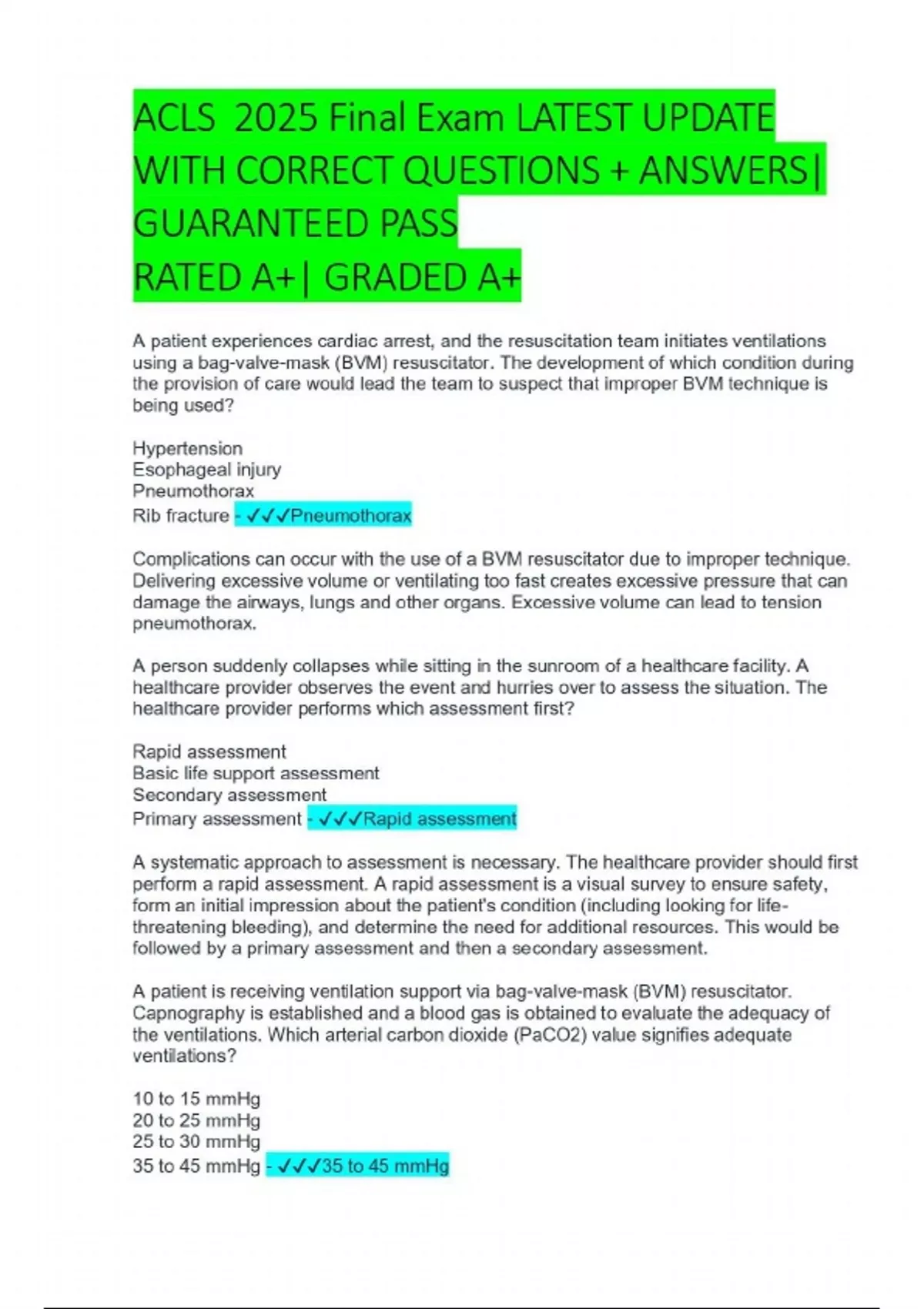 ACLS 2025 Final Exam LATEST UPDATE WITH CORRECT QUESTIONS + ANSWERS ...