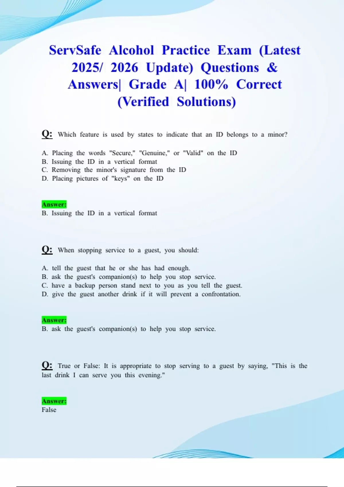 ServSafe Alcohol Exams (Latest 2025/ 2026 Updates STUDY BUNDLE PACKAGE ...