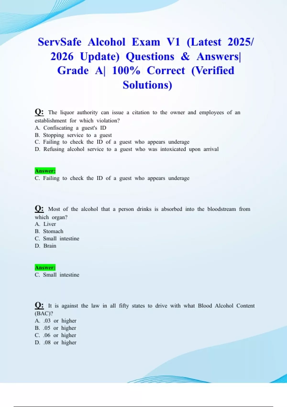 ServSafe Alcohol Exam V1 (Latest 2025/ 2026 Update) Questions & Answers ...