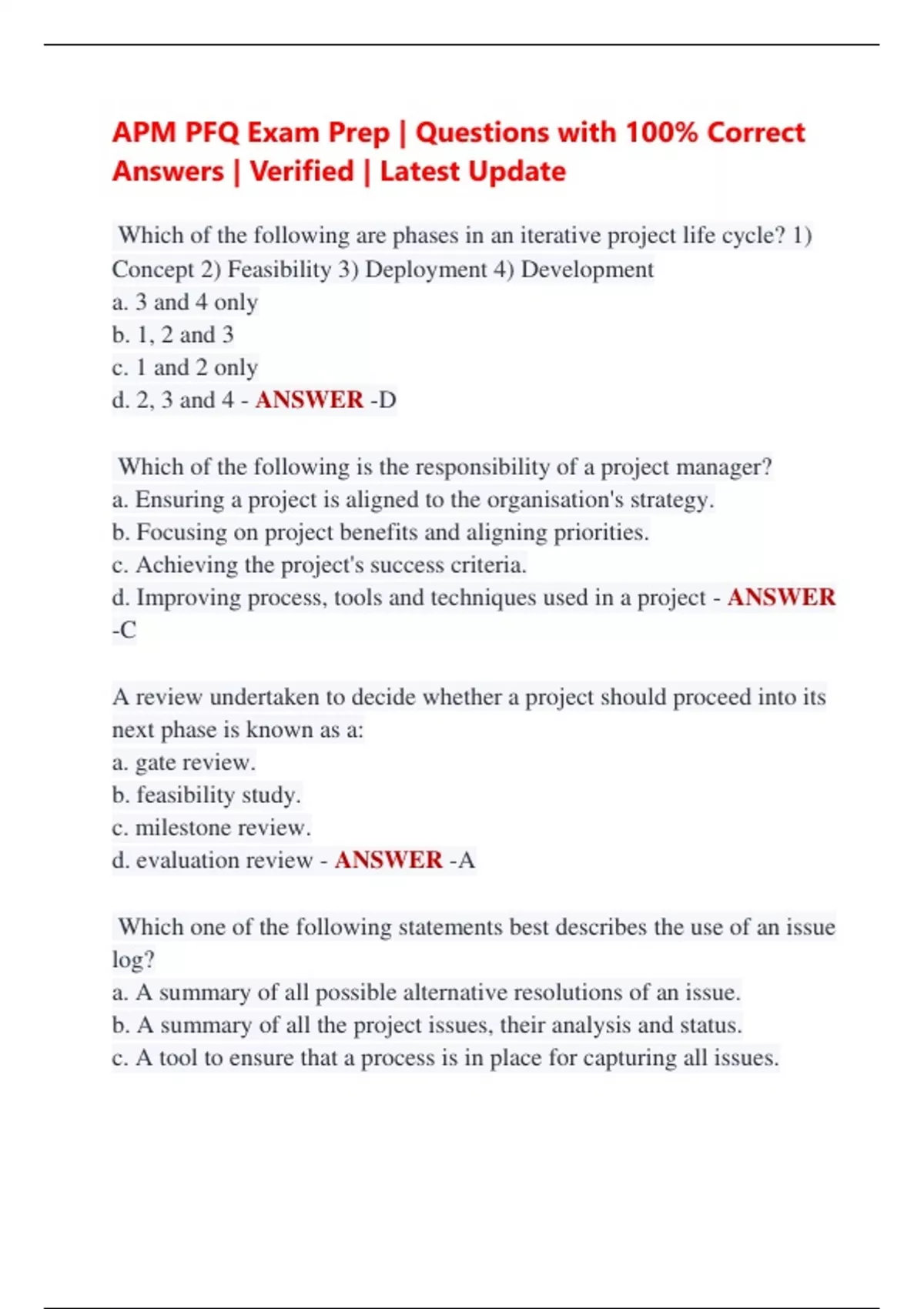 APM PFQ Exam Prep | Questions with 100% Correct Answers | Verified ...