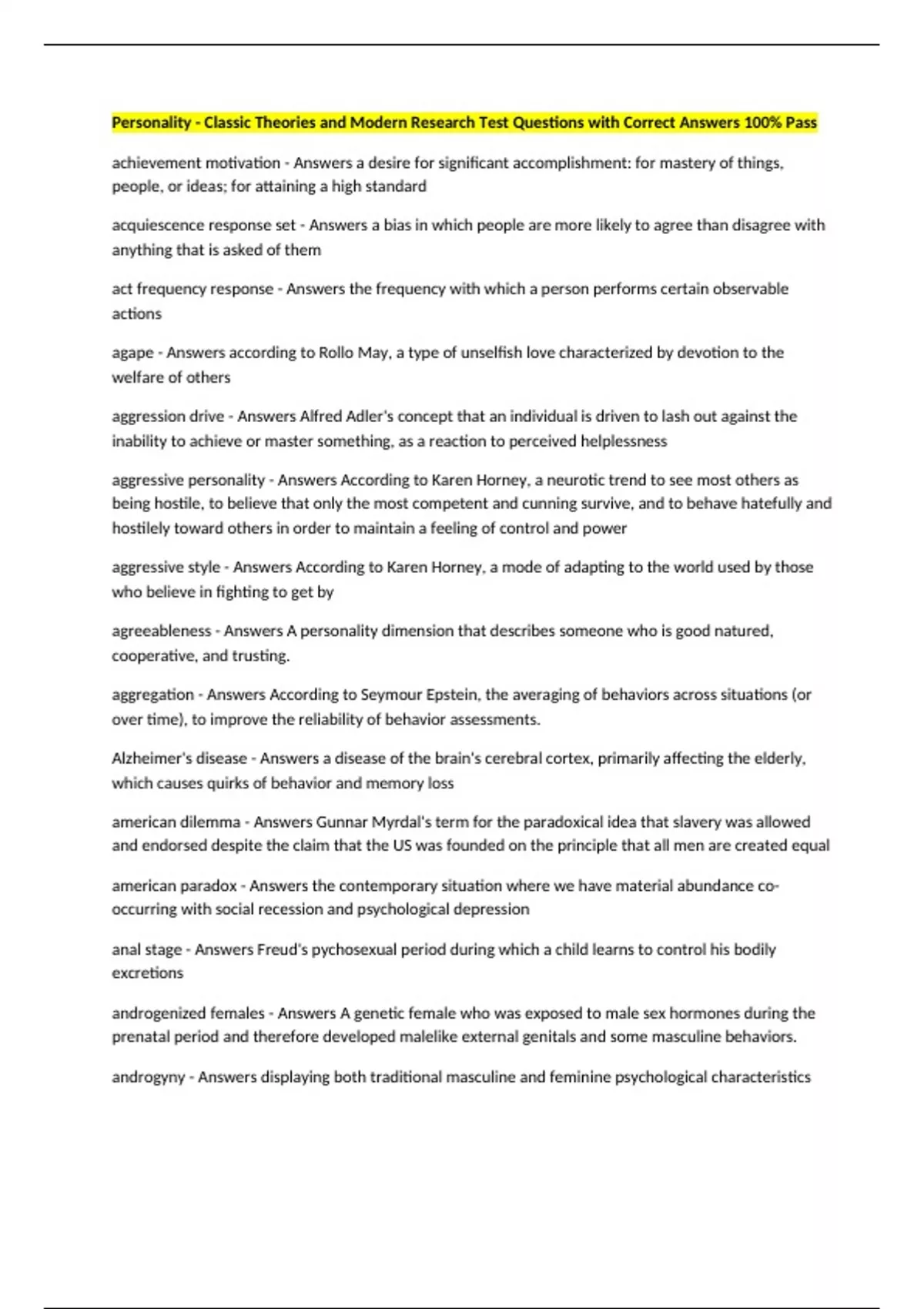 Personality - Classic Theories and Modern Research Test Questions with ...