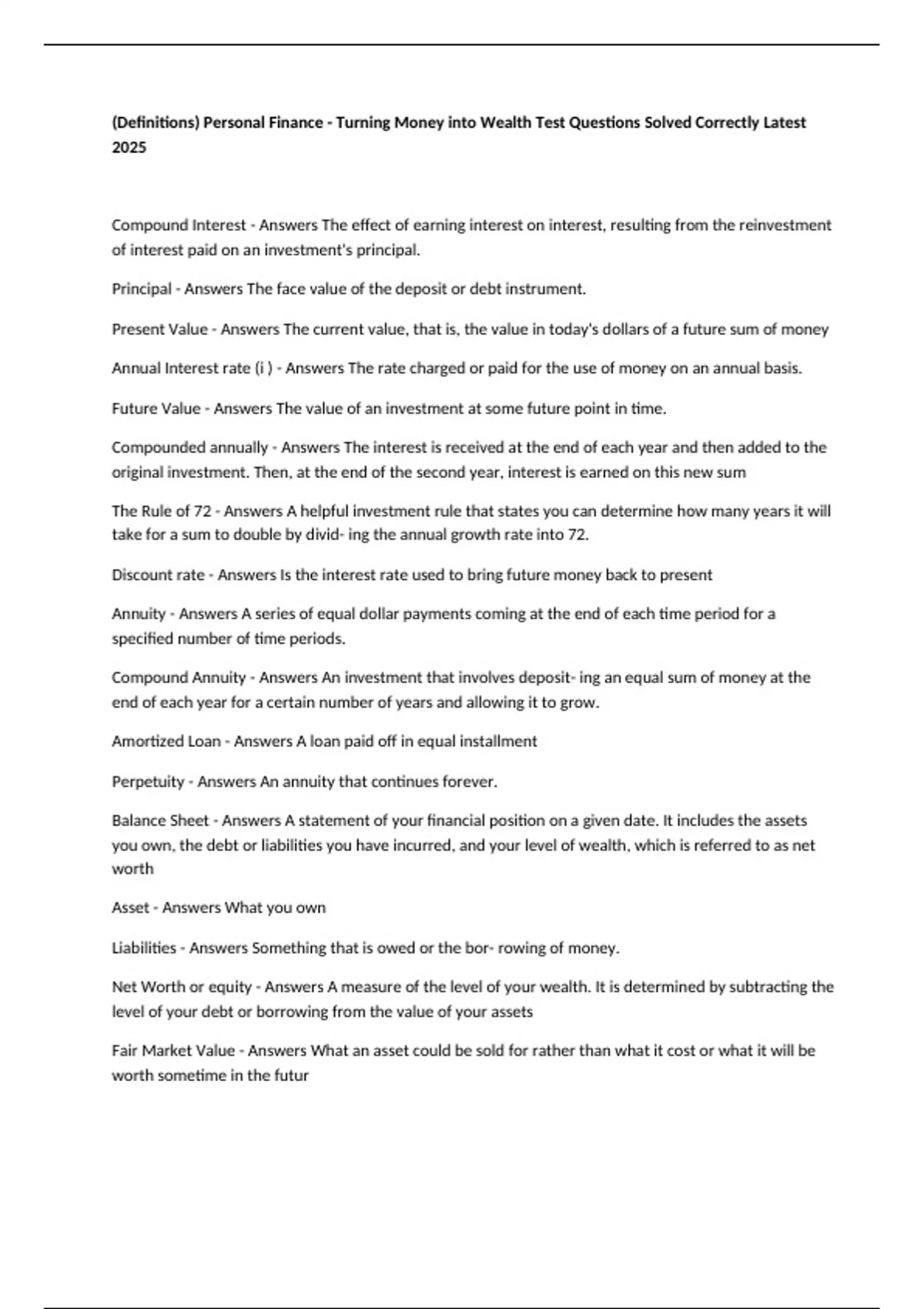 (Definitions) Personal Finance - Turning Money into Wealth Test ...