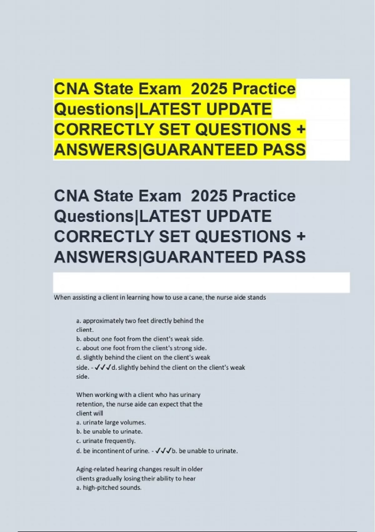 CNA State Exam 2025 Practice Questions|LATEST UPDATE CORRECTLY SET ...