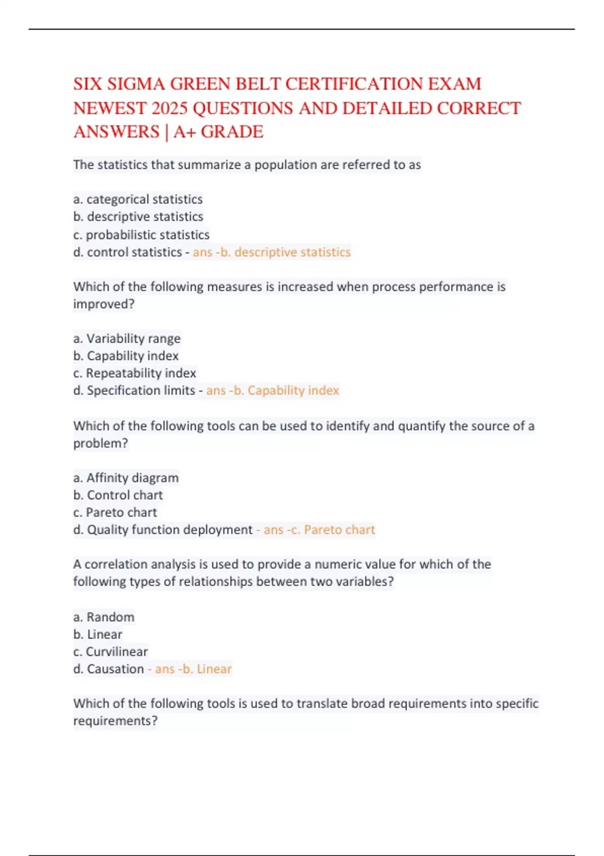 SIX SIGMA GREEN BELT CERTIFICATION EXAM NEWEST 2025 QUESTIONS AND ...