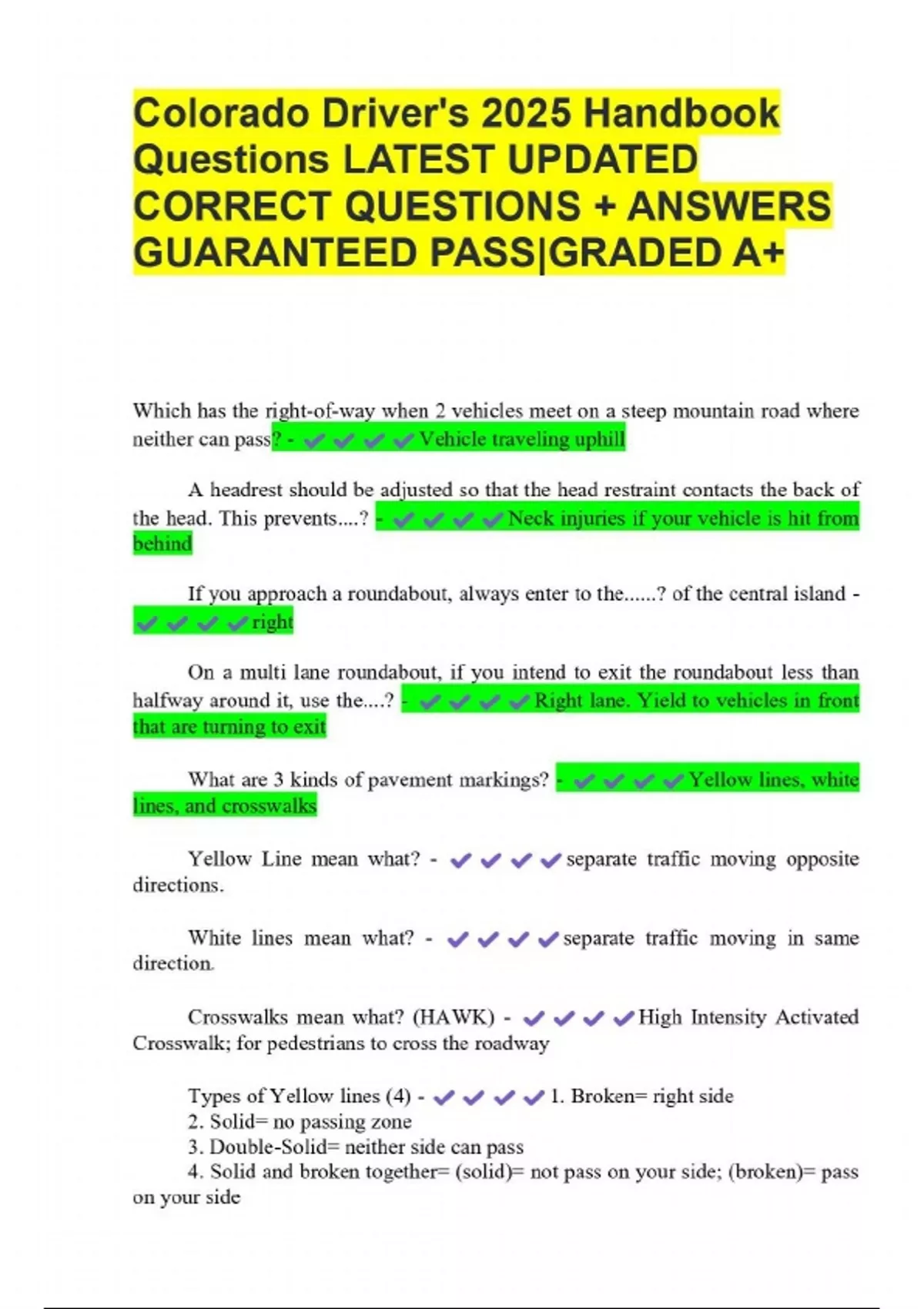 Colorado Driver's 2025 Handbook Questions LATEST UPDATED CORRECT ...
