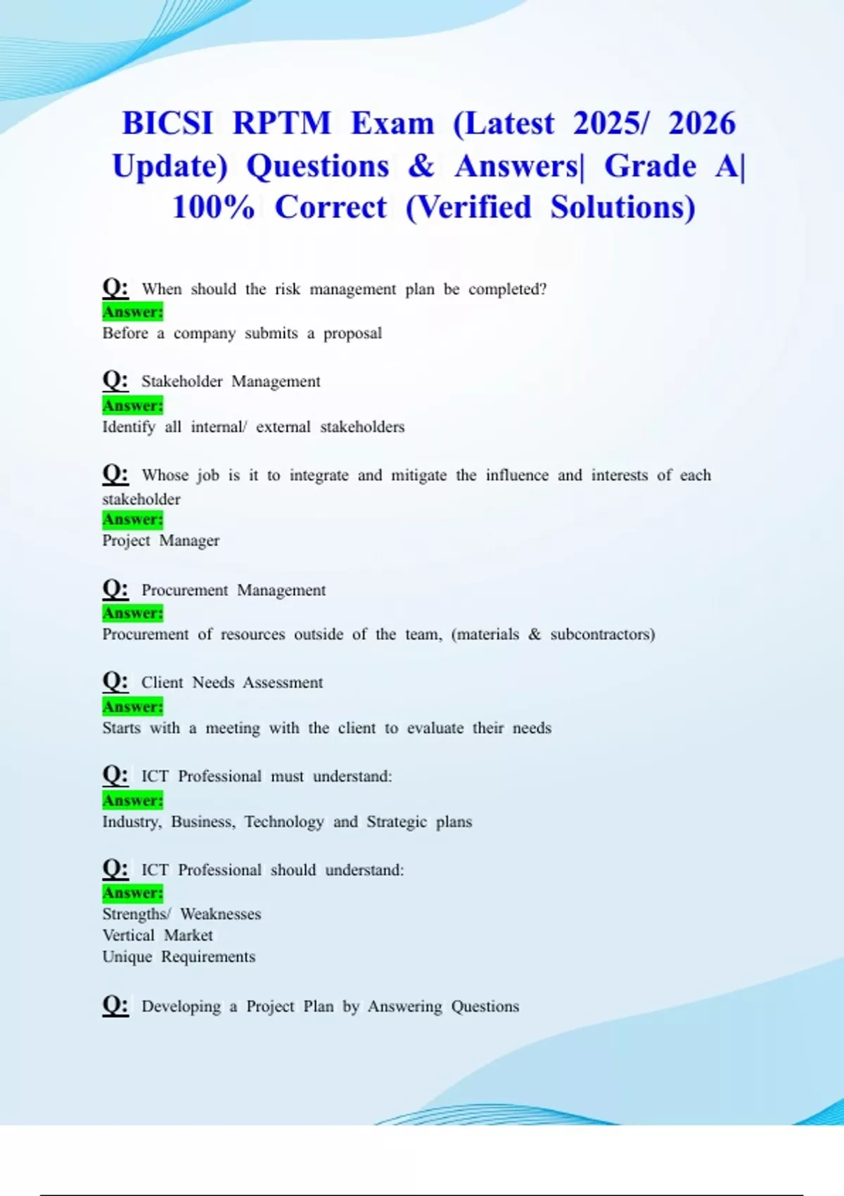BICSI RPTM Exam (Latest 2025/ 2026 Update) Questions & Answers| Grade A ...