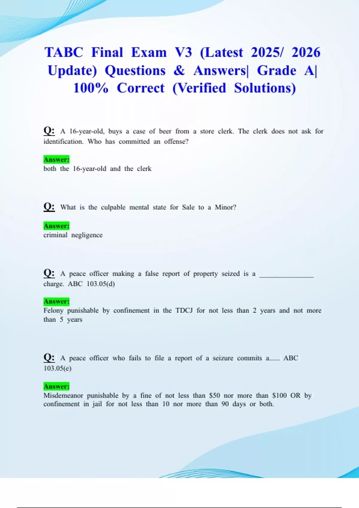 Tabc Final Exam V3 Latest 2025 2026 Update Questions And Answers Grade A 100 Correct
