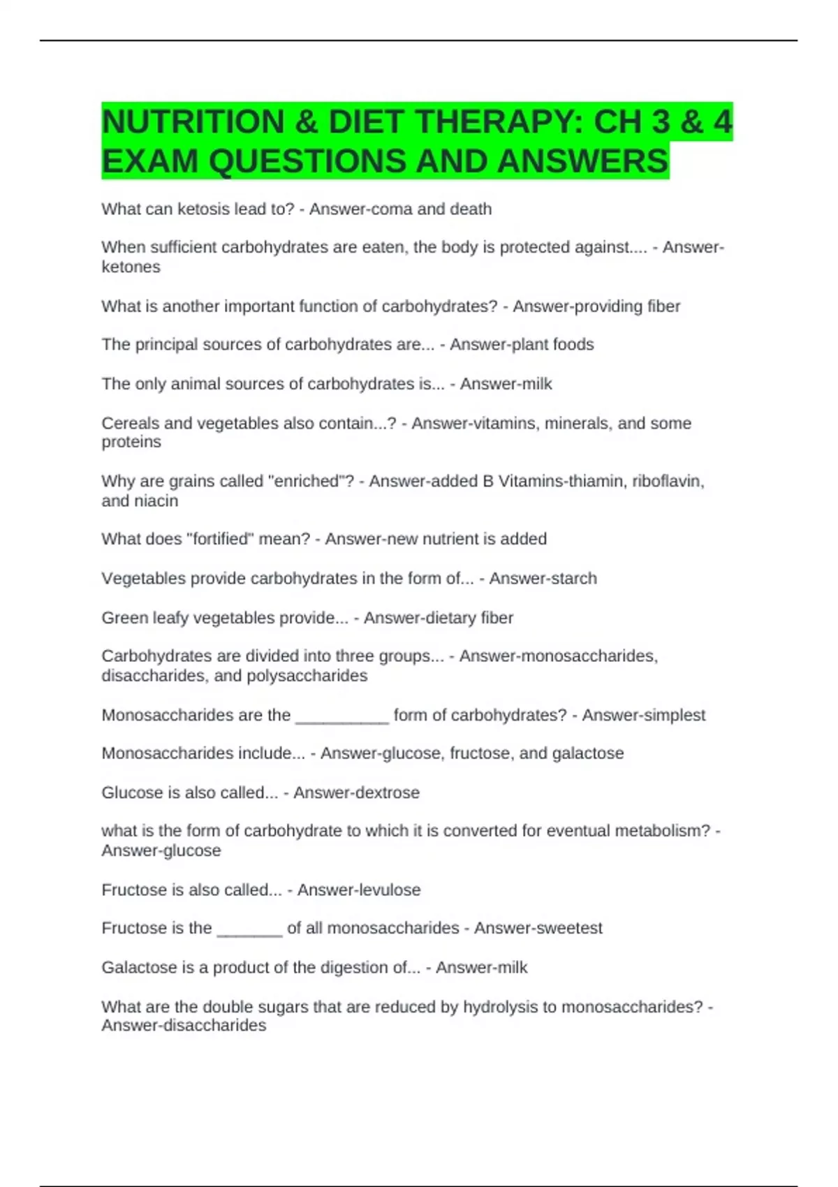 NUTRITION & DIET THERAPY: CH 3 & 4 EXAM QUESTIONS AND ANSWERS - Basic ...