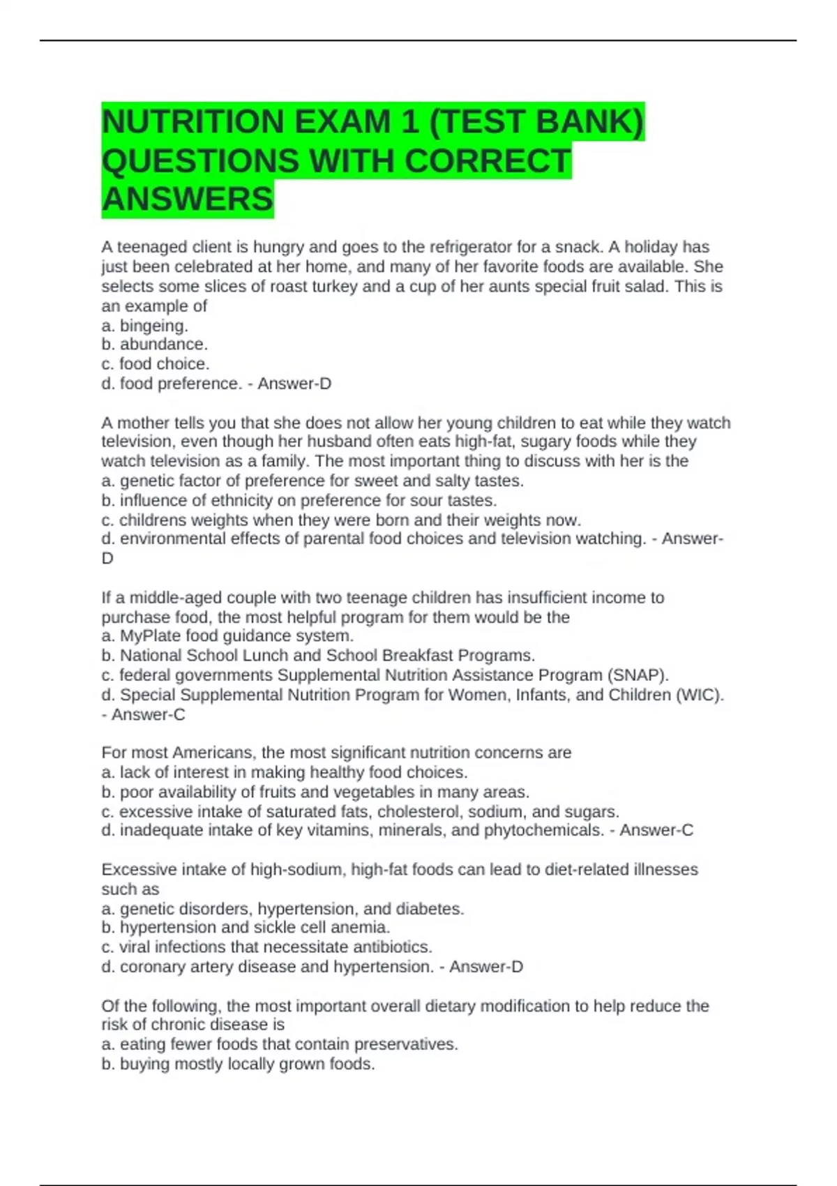 NUTRITION EXAM 1 (TEST BANK) QUESTIONS WITH CORRECT ANSWERS - Basic ...