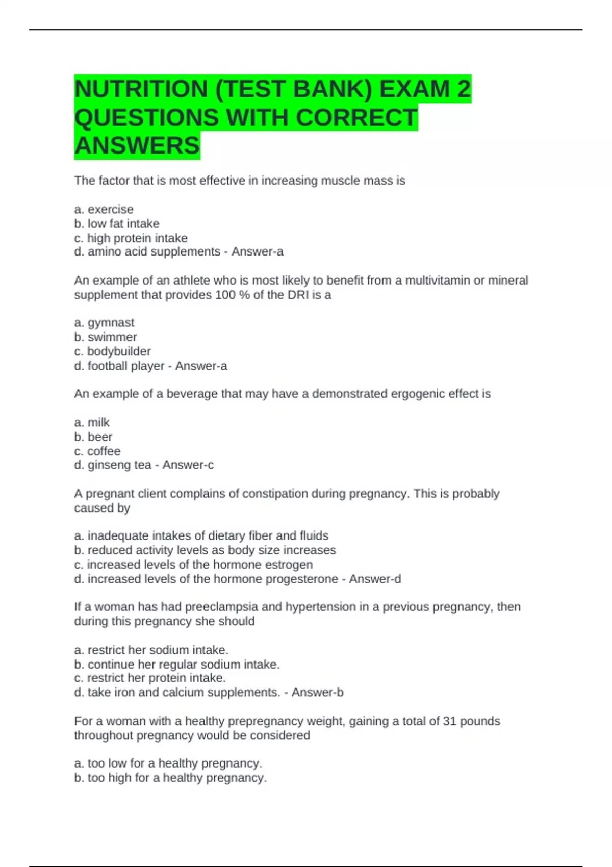 NUTRITION (TEST BANK) EXAM 2 QUESTIONS WITH CORRECT ANSWERS - Basic ...