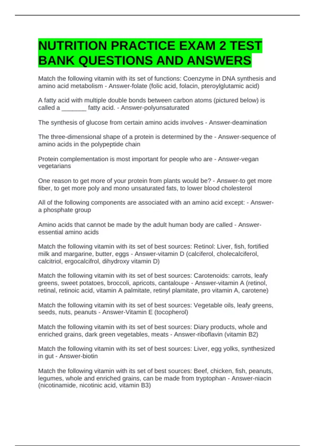 NUTRITION PRACTICE EXAM 2 TEST BANK QUESTIONS AND ANSWERS - Basic ...
