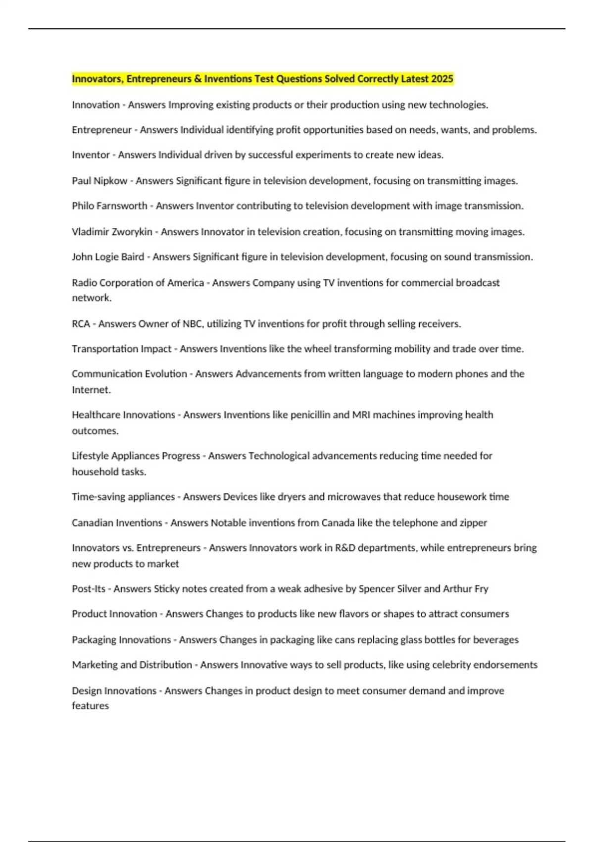Innovators, Entrepreneurs & Inventions Test Questions Solved Correctly ...