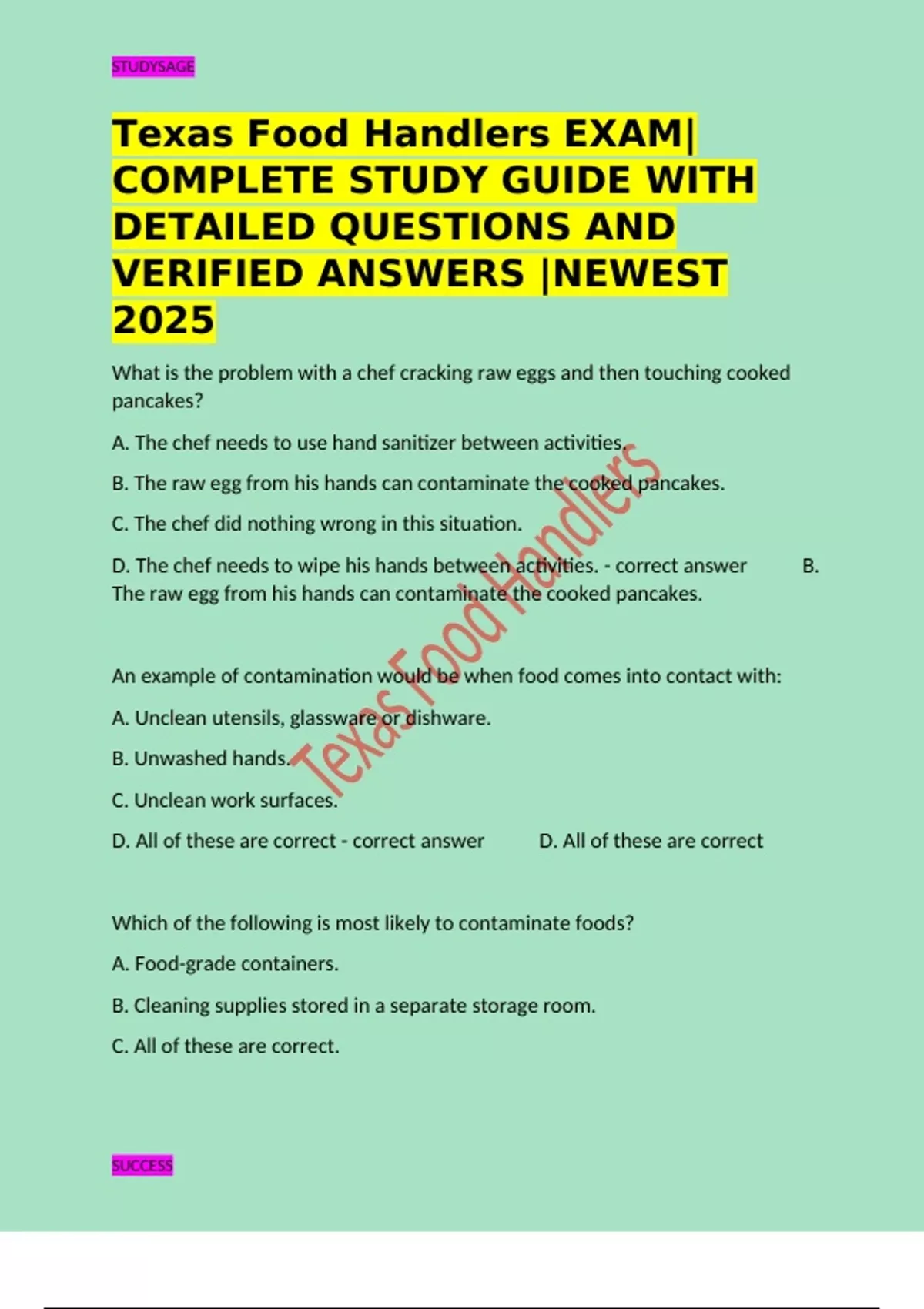 Texas Food Handlers EXAM|COMPLETE STUDY GUIDE WITH DETAILED QUESTIONS ...