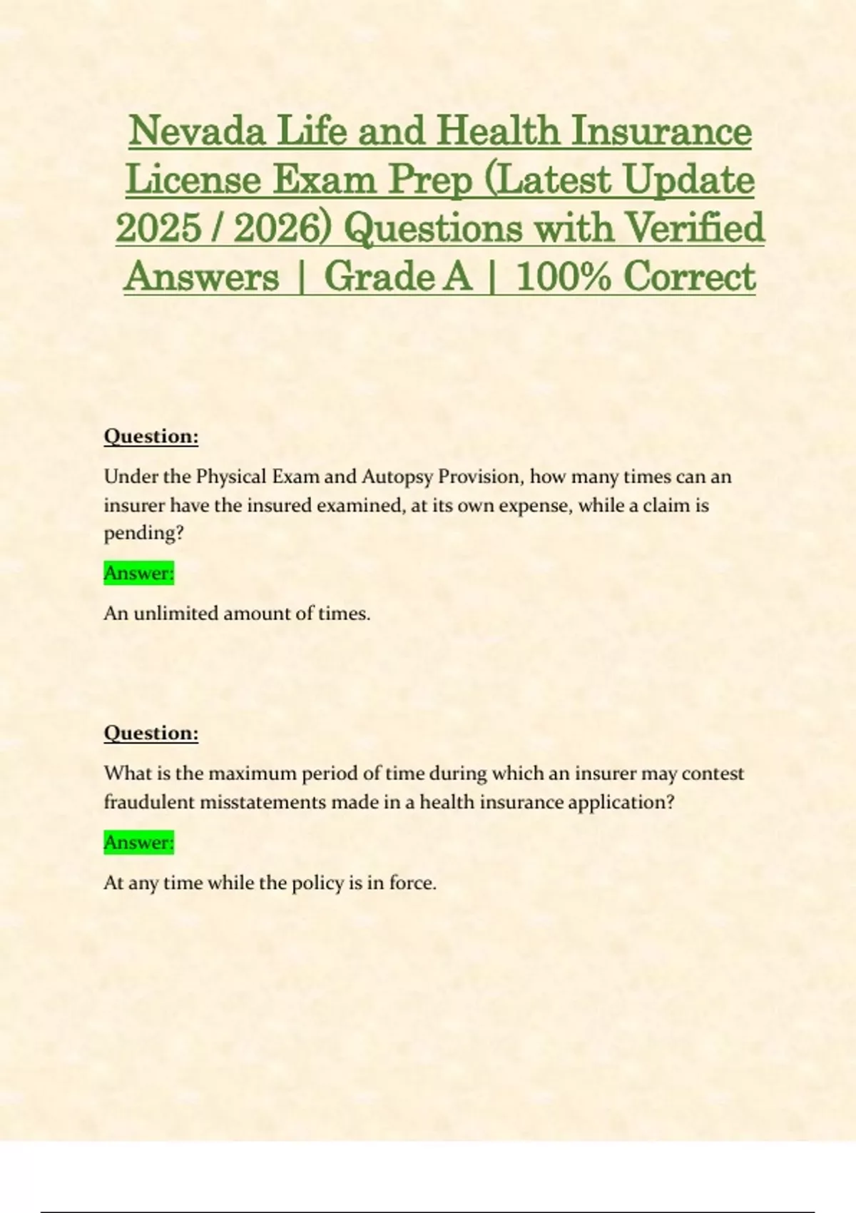 Nevada Life and Health Insurance License Exam Prep (Latest Update 2025 ...