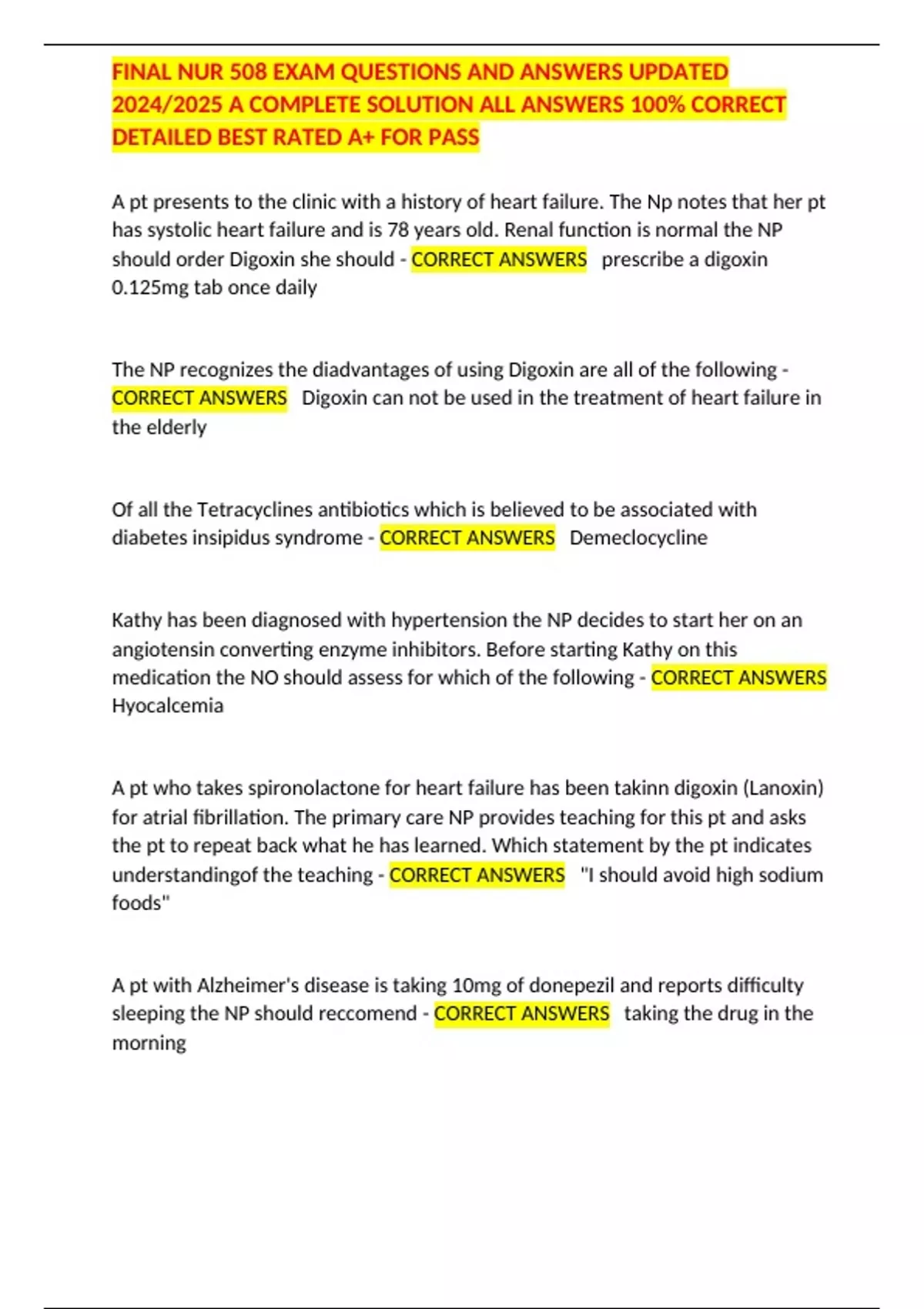 FINAL NUR 508 EXAM QUESTIONS AND ANSWERS UPDATED 2024/2025 A COMPLETE ...