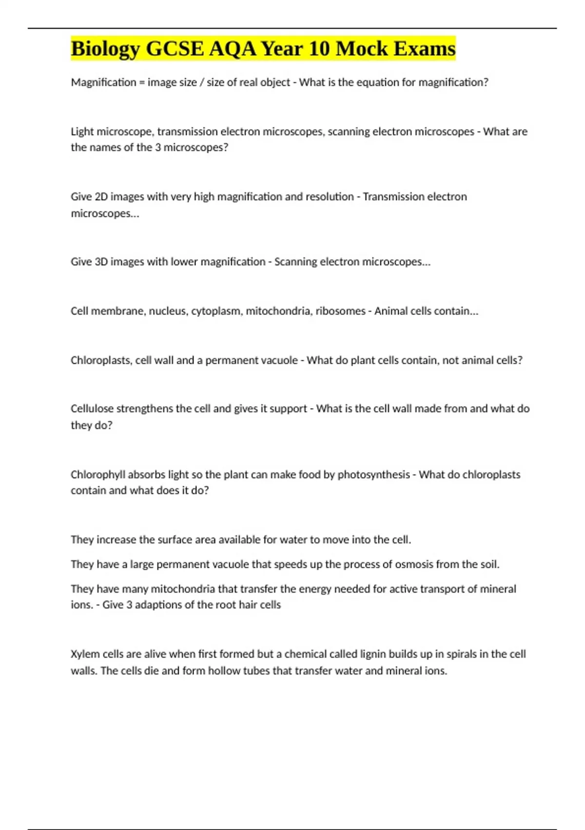 Biology GCSE AQA Year 10 Mock Exam questions and answers 100% verified ...