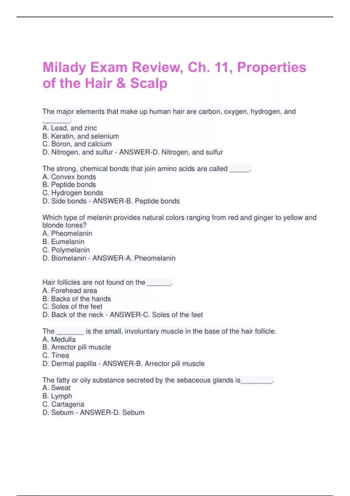 Milady Exam Review, Ch. 11, Properties of the Hair & Scalp Questions ...