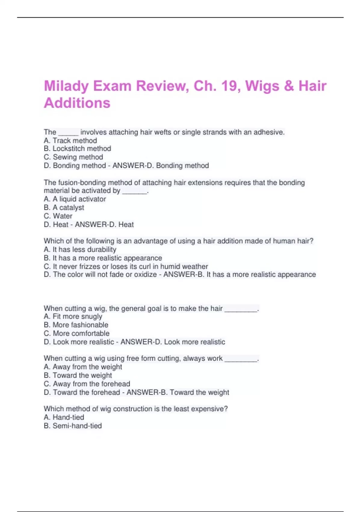 Milady Exam Review, Ch. 19, Wigs & Hair Additions Questions and Answers ...