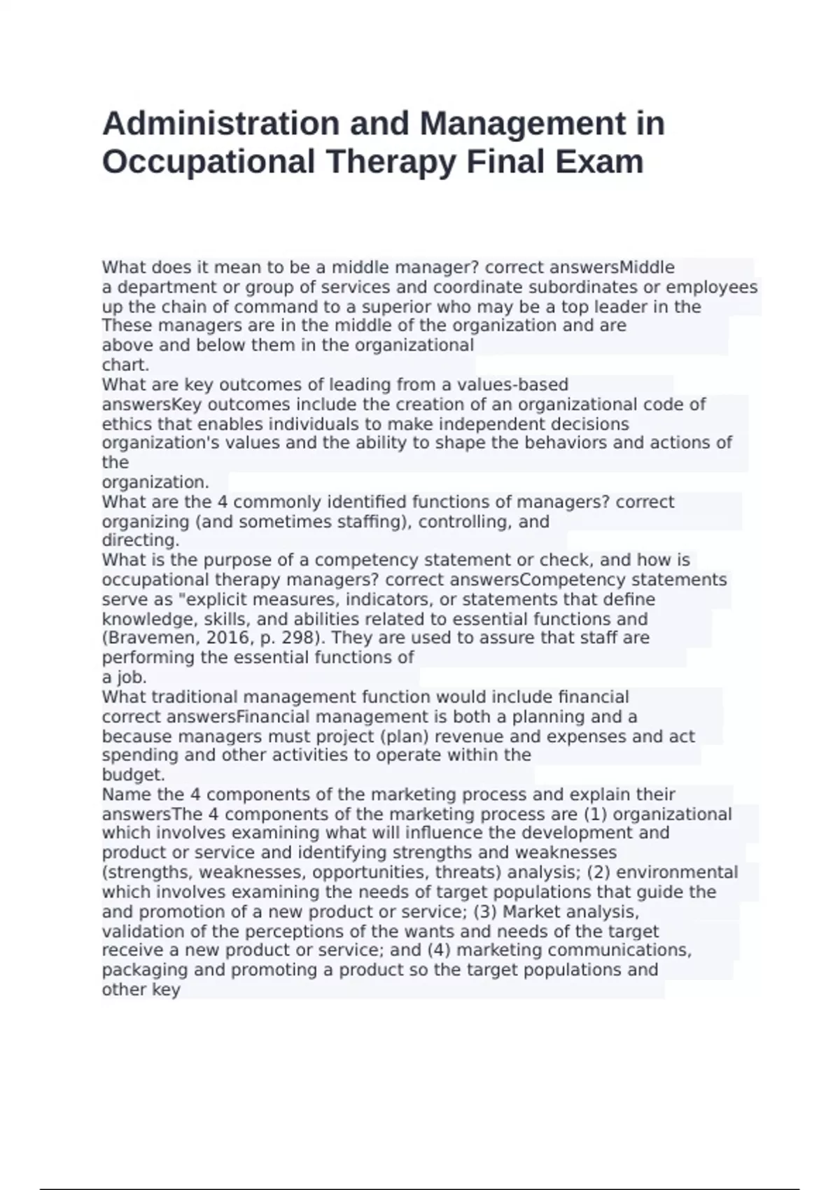 Administration and Management in Occupational Therapy Final Exam with ...