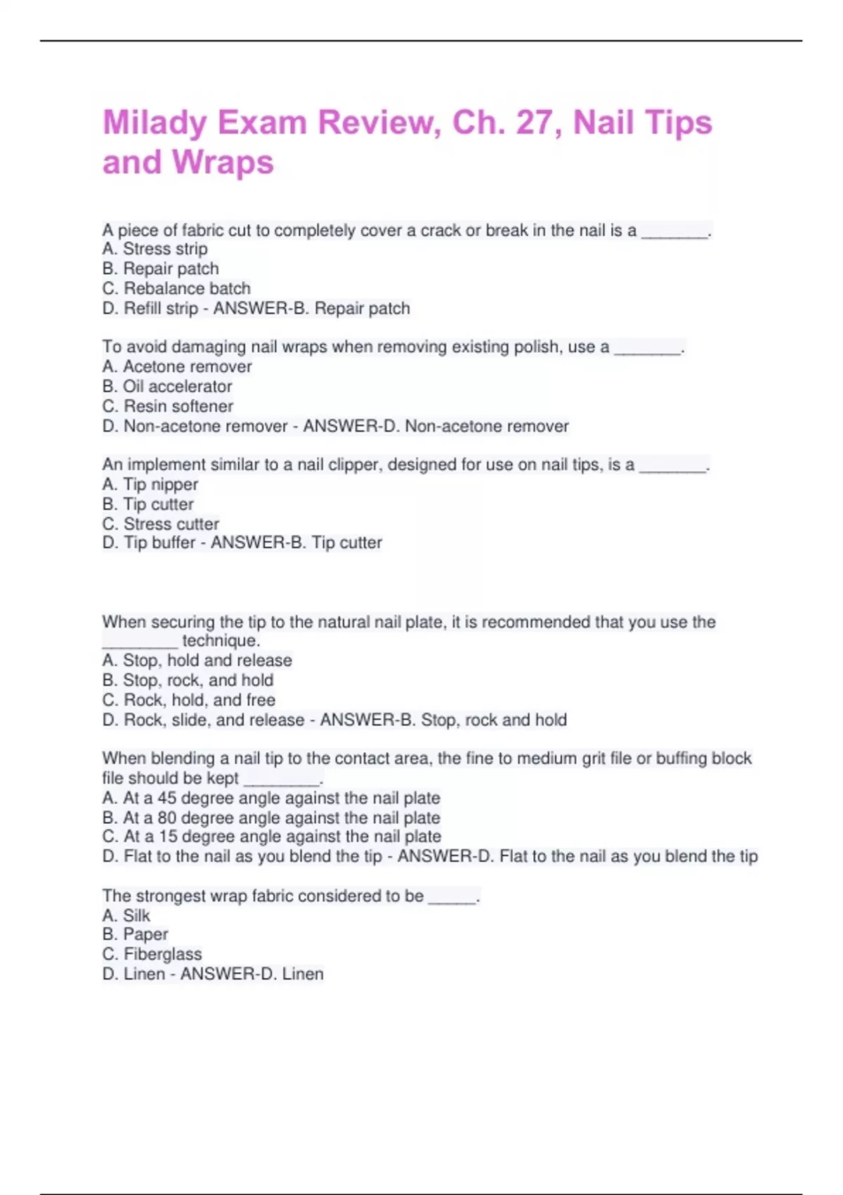 Milady Exam Review, Ch. 27, Nail Tips and Wraps Questions and Answers ...