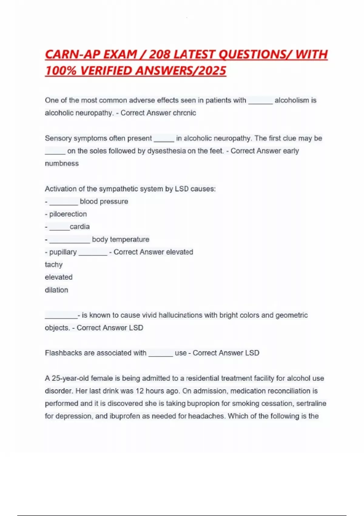 CARN-AP EXAM / 208 LATEST QUESTIONS/ WITH 100% VERIFIED ANSWERS/2025 ...