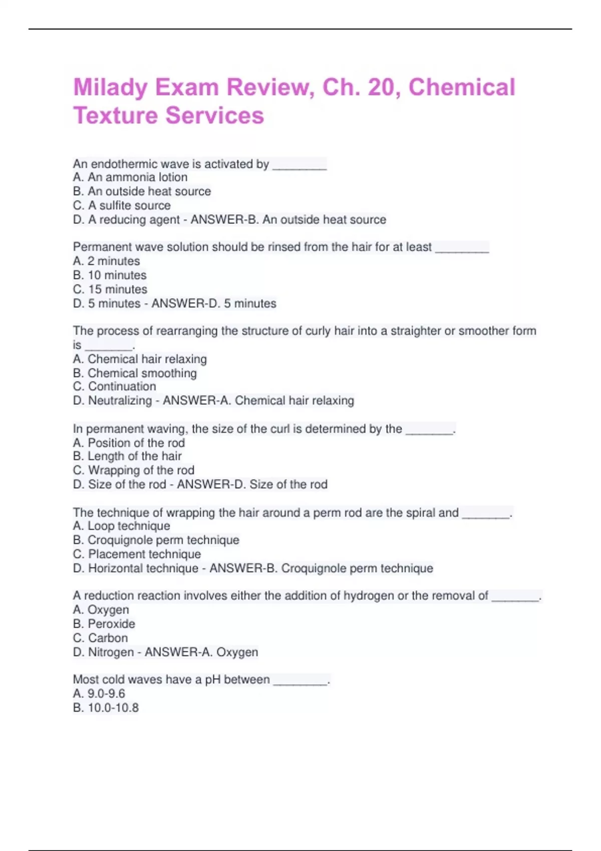 Milady Exam Review, Ch. 20, Chemical Texture Services Questions and ...