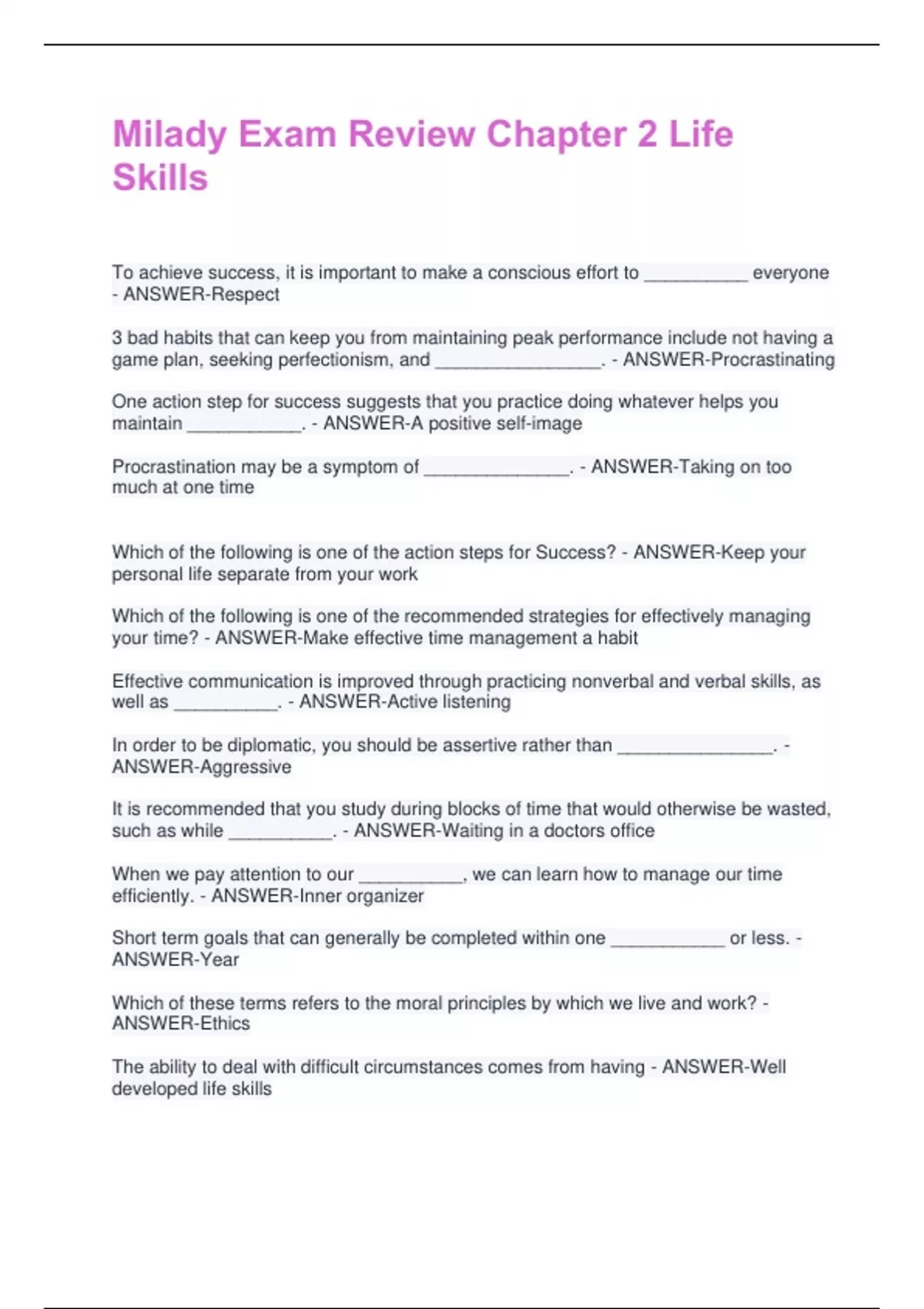 Milady Exam Review Chapter 2 Life Skills Questions and Answers|2025 ...