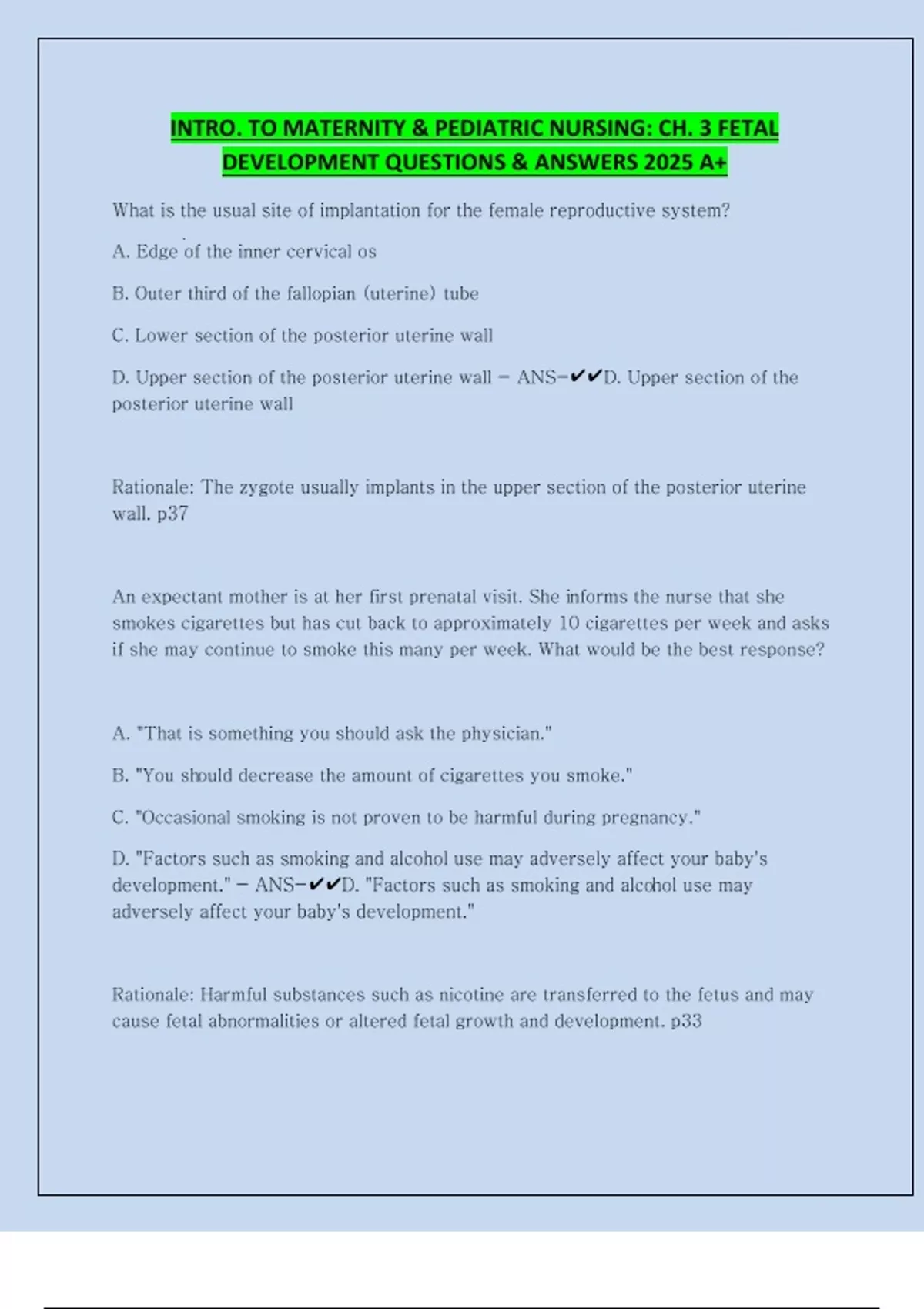 INTRO. TO MATERNITY & PEDIATRIC NURSING: CH. 3 FETAL DEVELOPMENT QUESTIONS & ANSWERS 2025 A+ ...