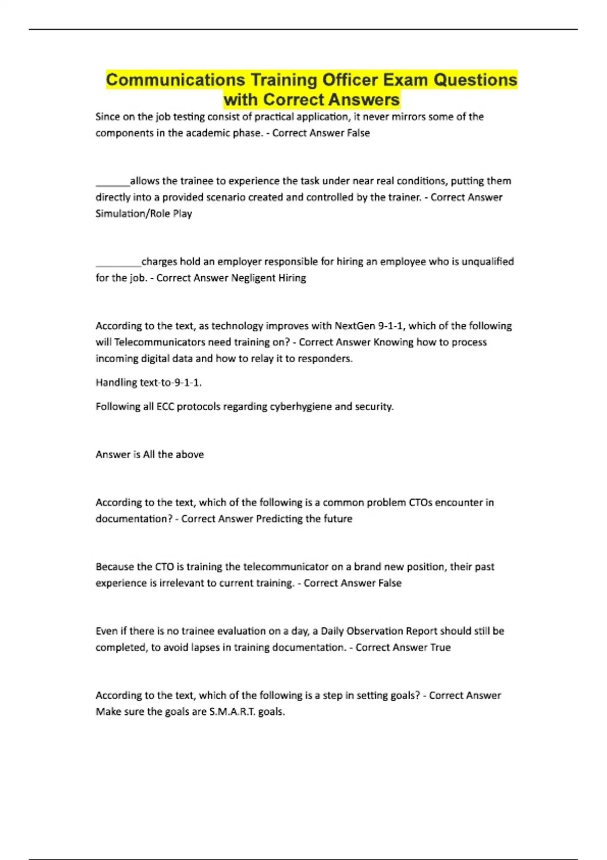 Communications Training Officer Exam Questions with Correct Answers ...