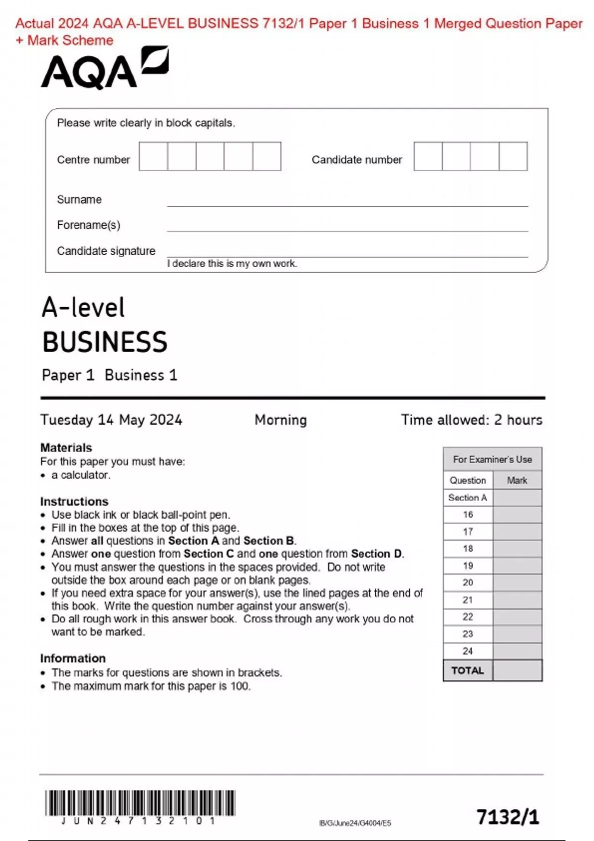 Actual 2024 AQA A-LEVEL BUSINESS 7132/1 Paper 1 Business 1 Merged ...