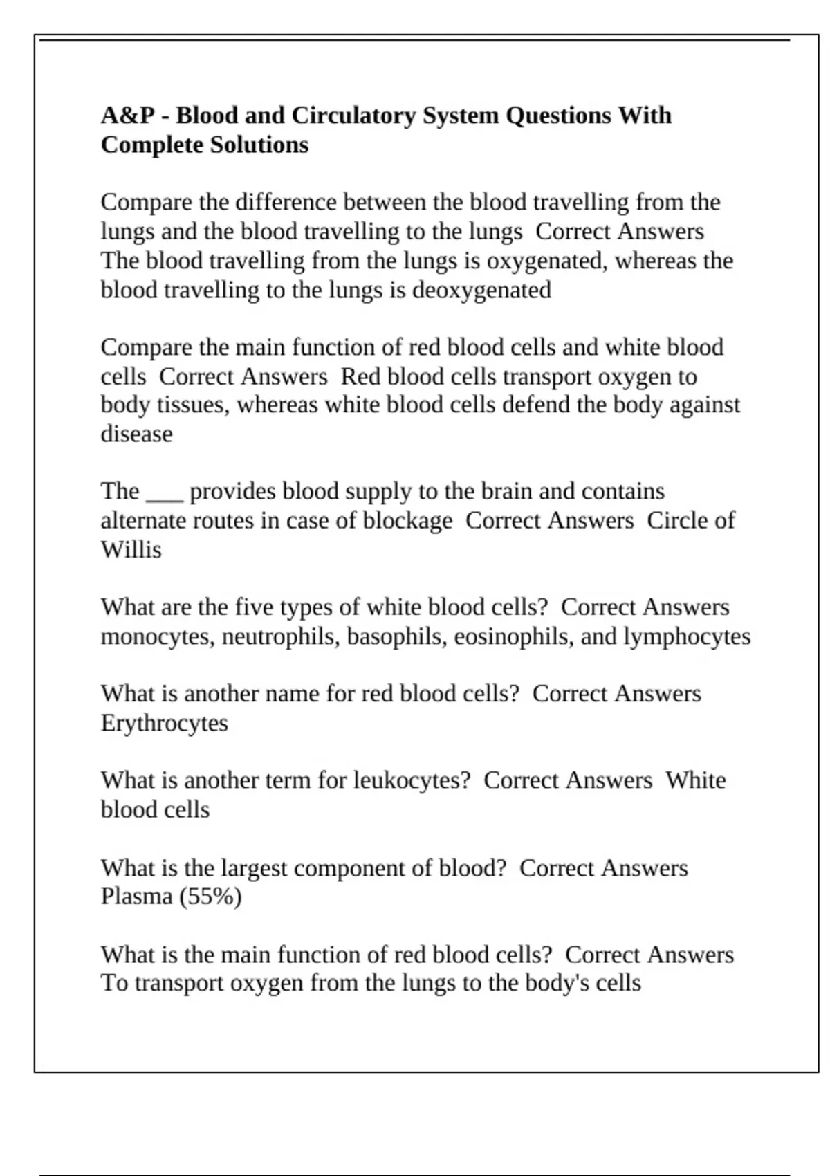 A&P - Blood and Circulatory System Questions With Complete Solutions ...