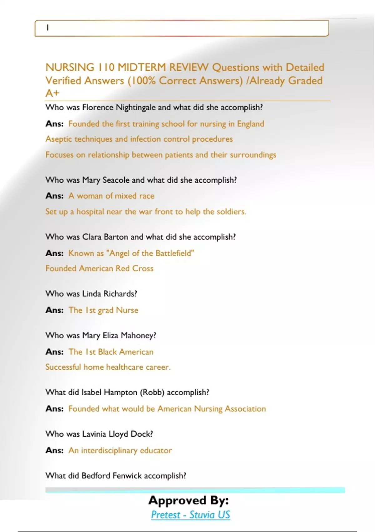 NURSING 110 MIDTERM REVIEW Questions with Detailed Verified Answers (100% Correct Answers ...