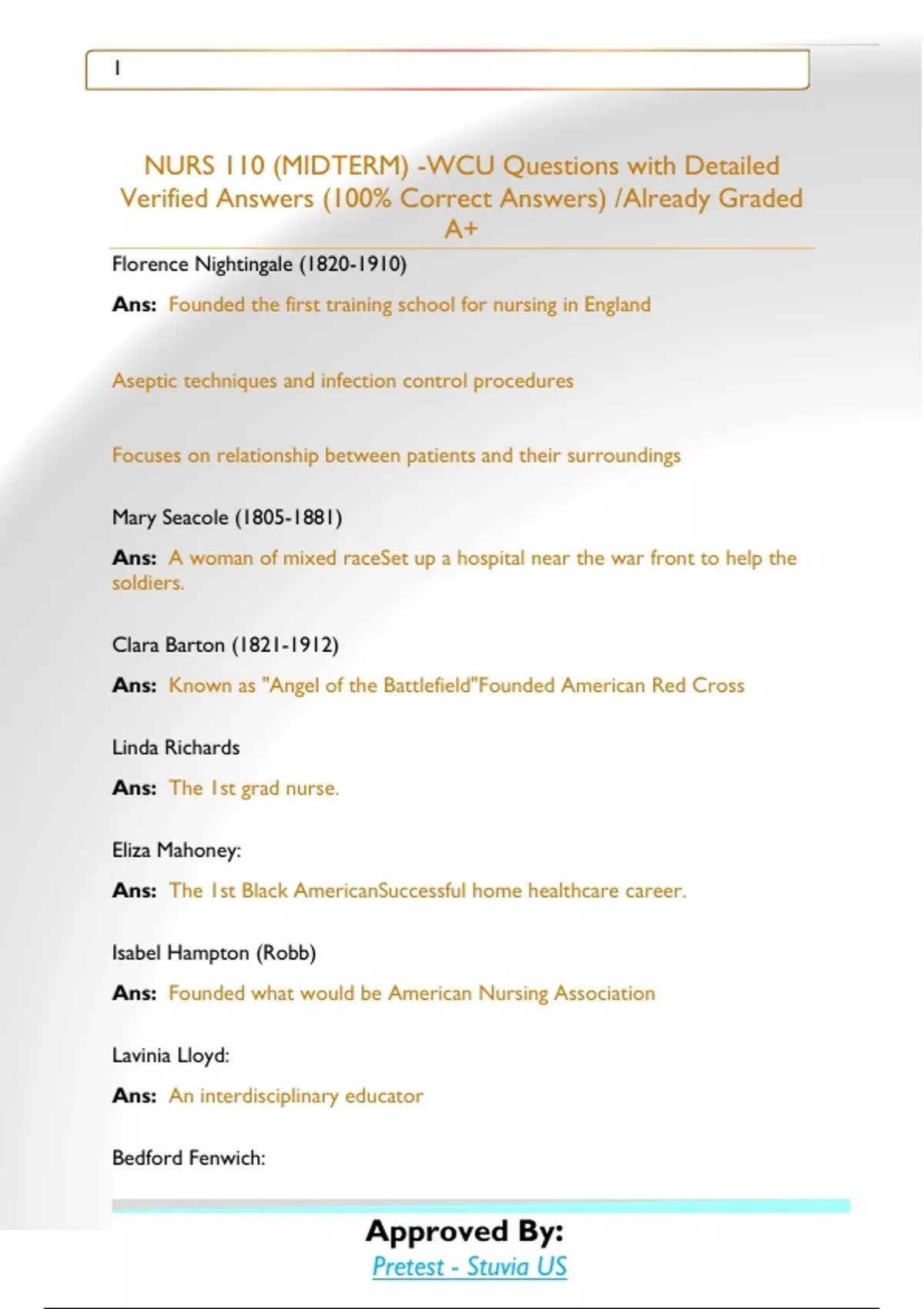 NURS 110 (MIDTERM) -WCU Questions with Detailed Verified Answers (100% ...