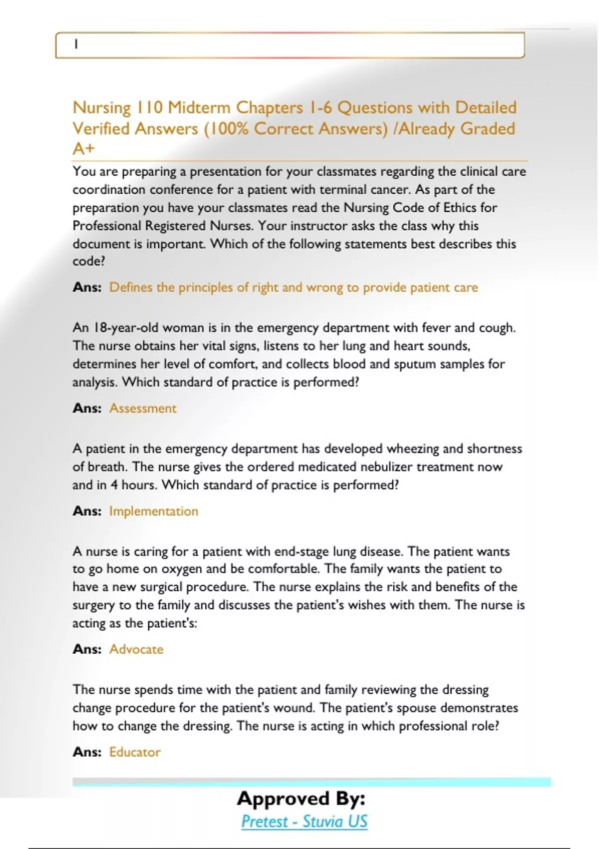 Nursing 110 Midterm Chapters 1-6 Questions with Detailed Verified Answers (100% Correct Answers ...