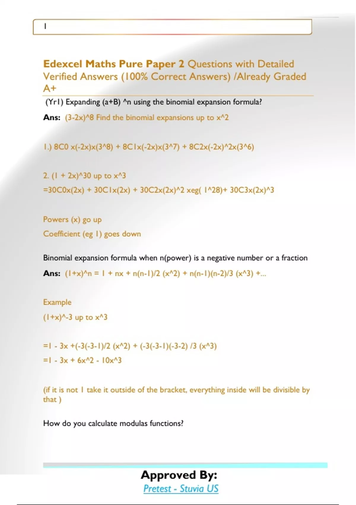 Edexcel Maths Pure Paper 2 Questions with Detailed Verified Answers ...