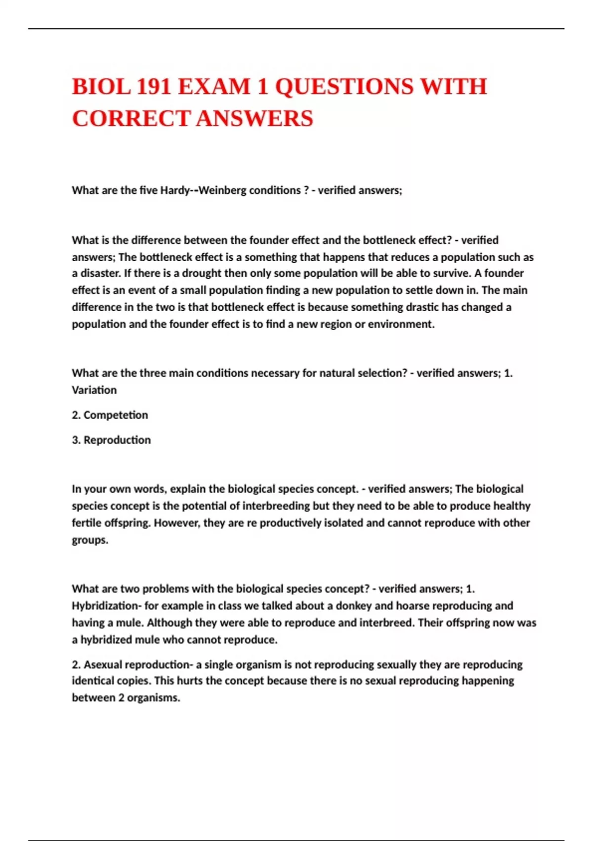 BIOL 191 EXAM 1 QUESTIONS WITH CORRECT ANSWERS - Biol 191 - Stuvia US