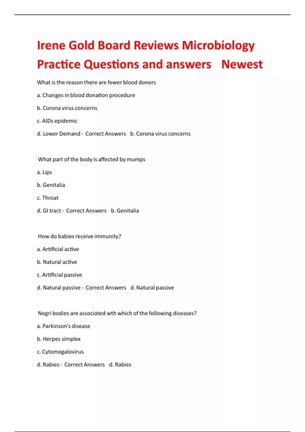 Irene Gold Board Reviews Microbiology Practice Questions and answers ...