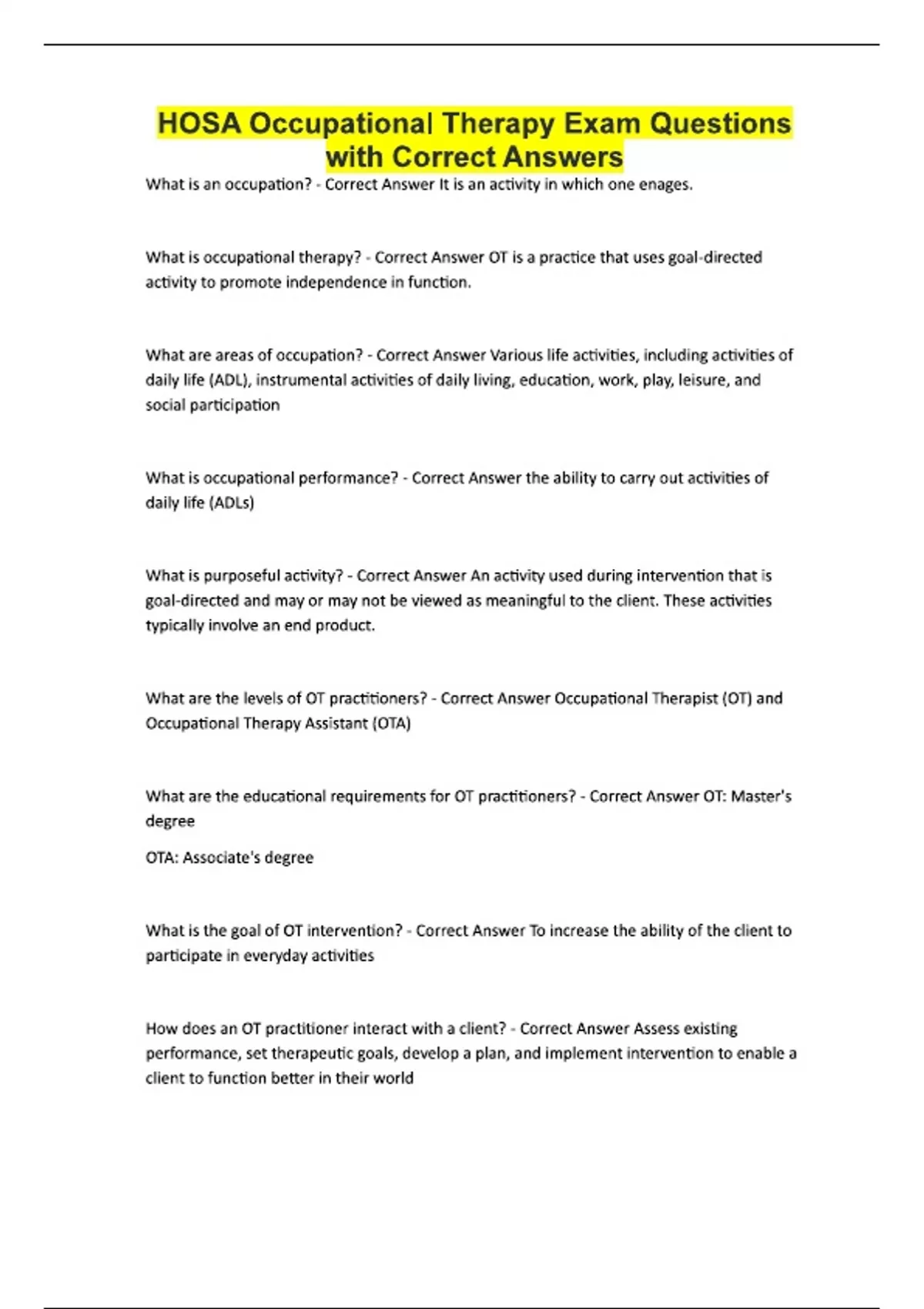 HOSA Occupational Therapy Exam Questions with Correct Answers - HOSA ...