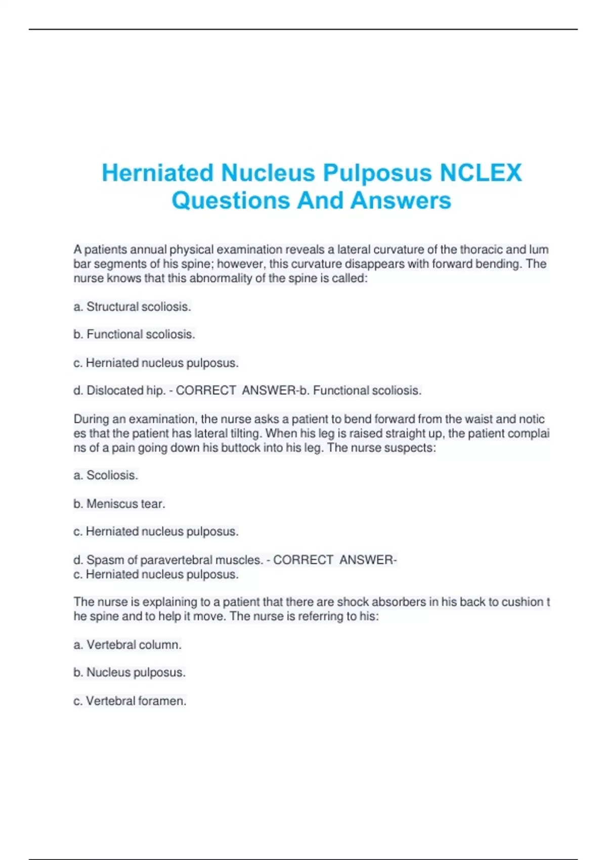 Herniated Nucleus Pulposus NCLEX Questions And Answers - Herniated ...