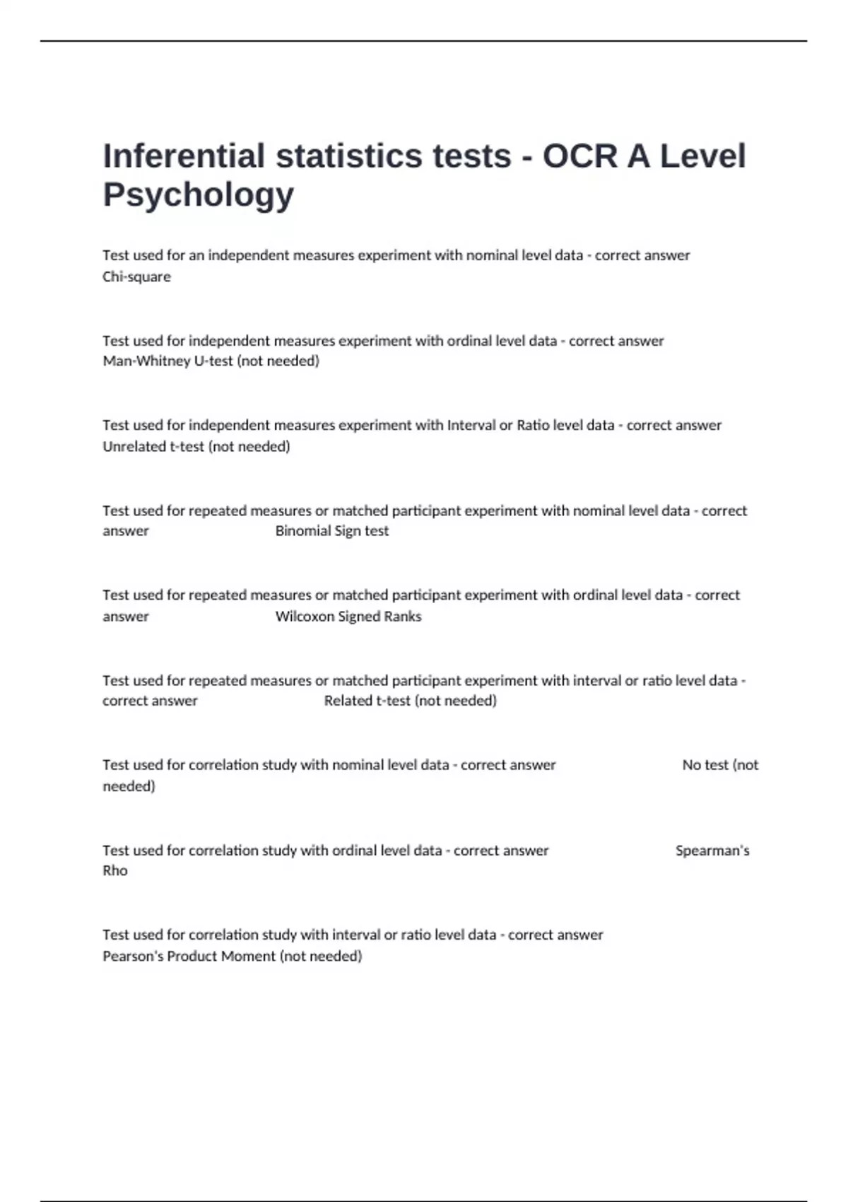 Inferential statistics tests - OCR A Level Psychology Exam Latest ...